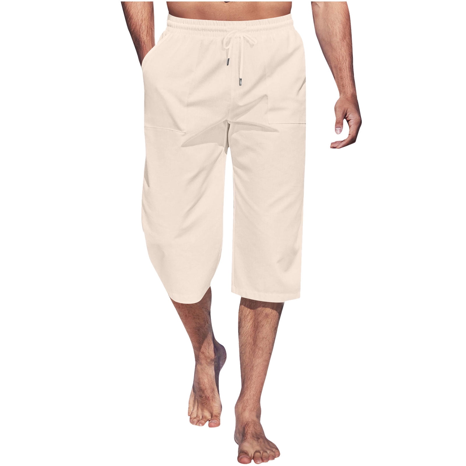 Capri Pants for Men Straight Fit Solid Color Capris with Pockets Casual ...