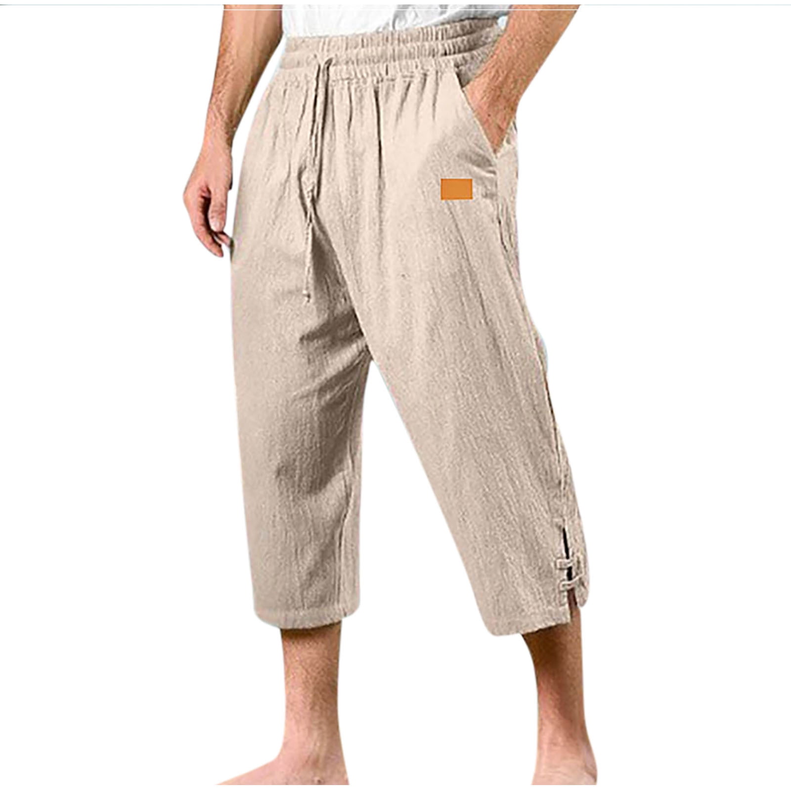 Capri Pants for Men Summer Linen Drawstring Below Knee Shorts with ...