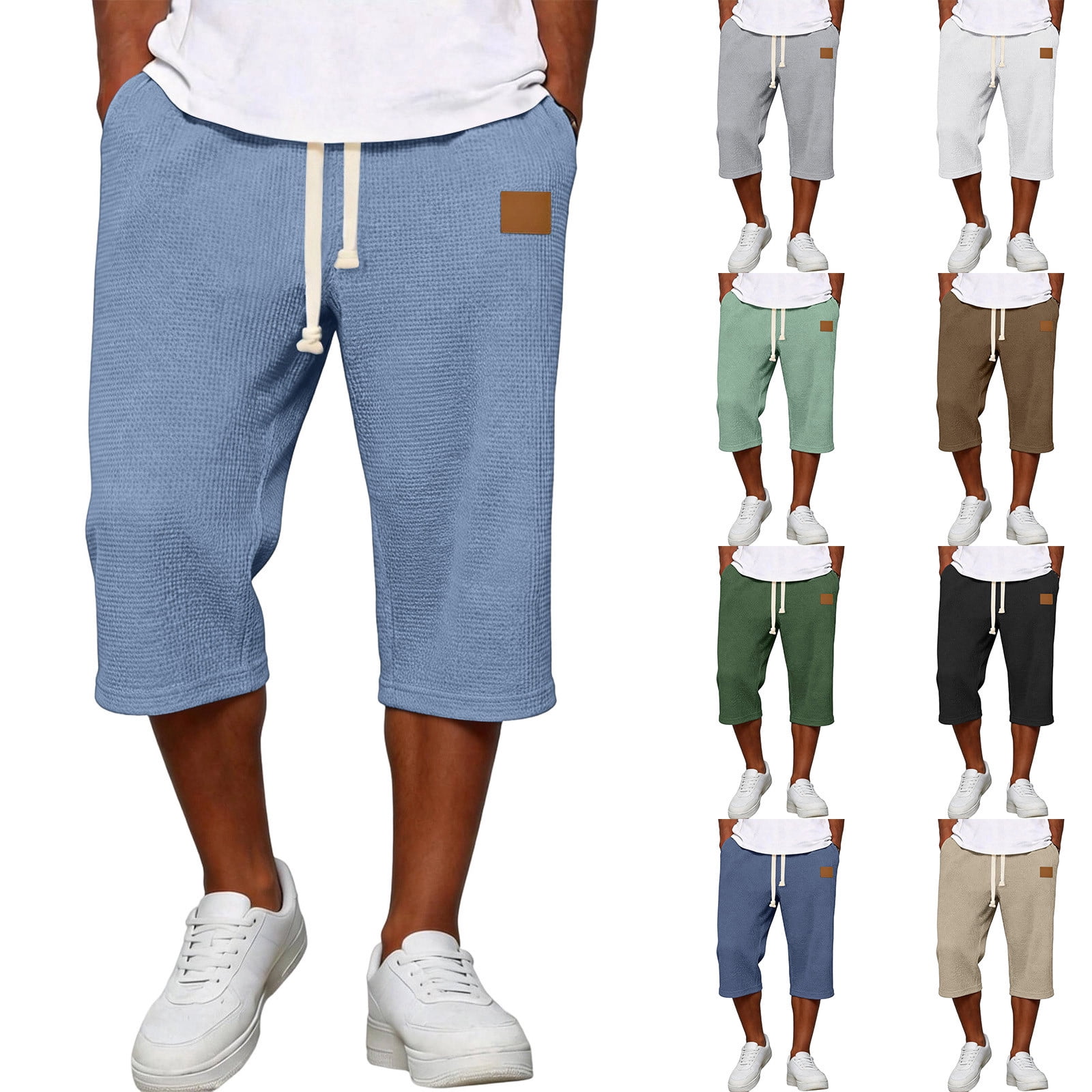 Capri Pants for Mens Knit Casual Drawstring Waist Pants Summer Solid ...