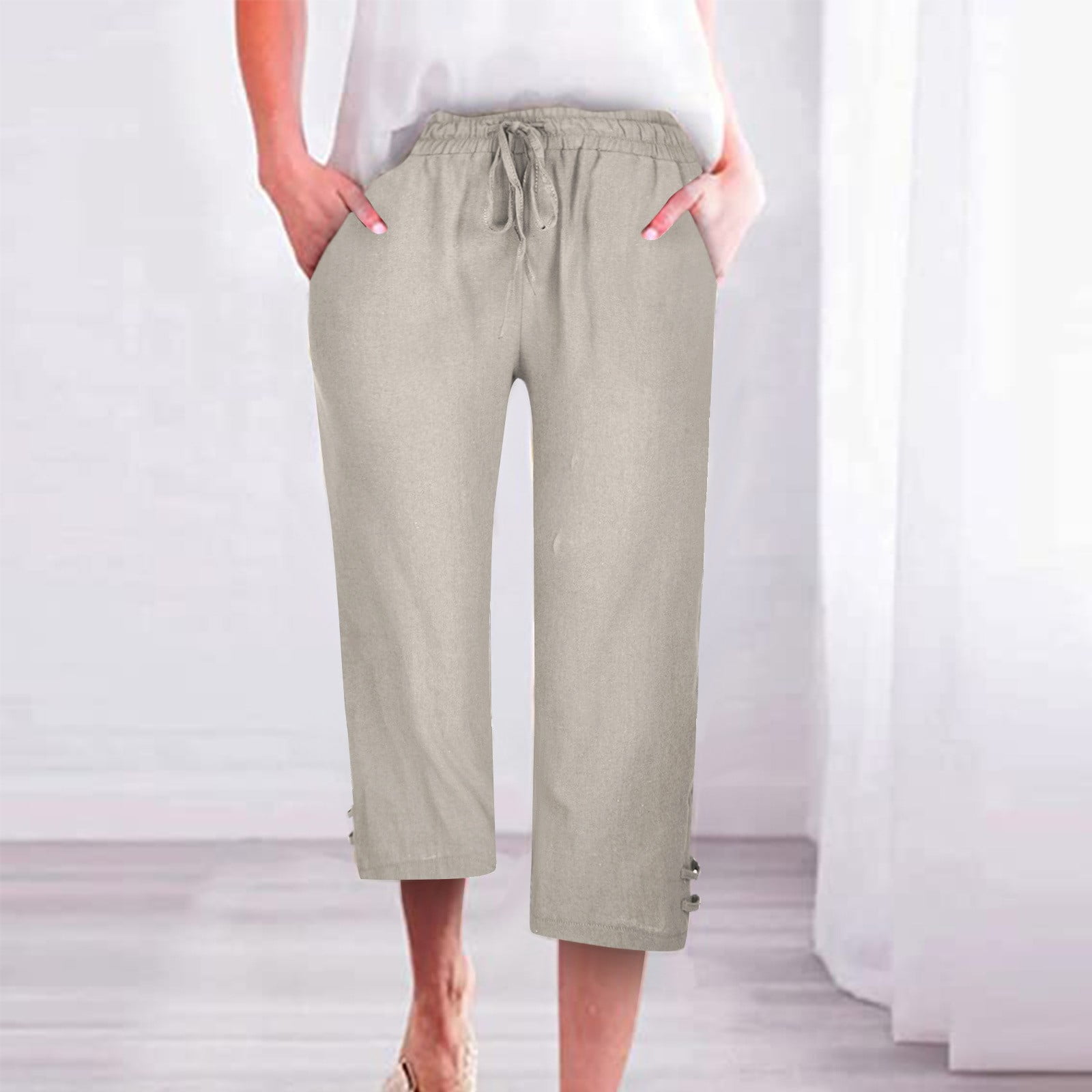 Capri Pants for Women 2025 Elastic Waist Loose Breathable Linen Casual ...