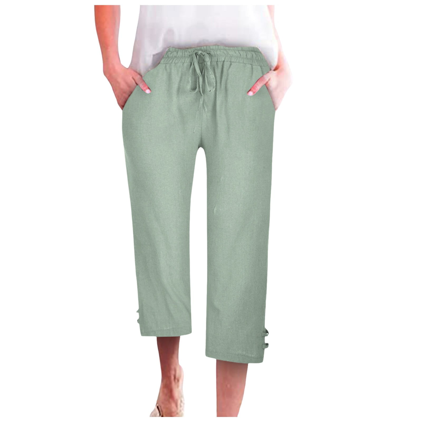 Capri Pants for Women 2025 Elastic Waist Loose Breathable Linen Casual ...