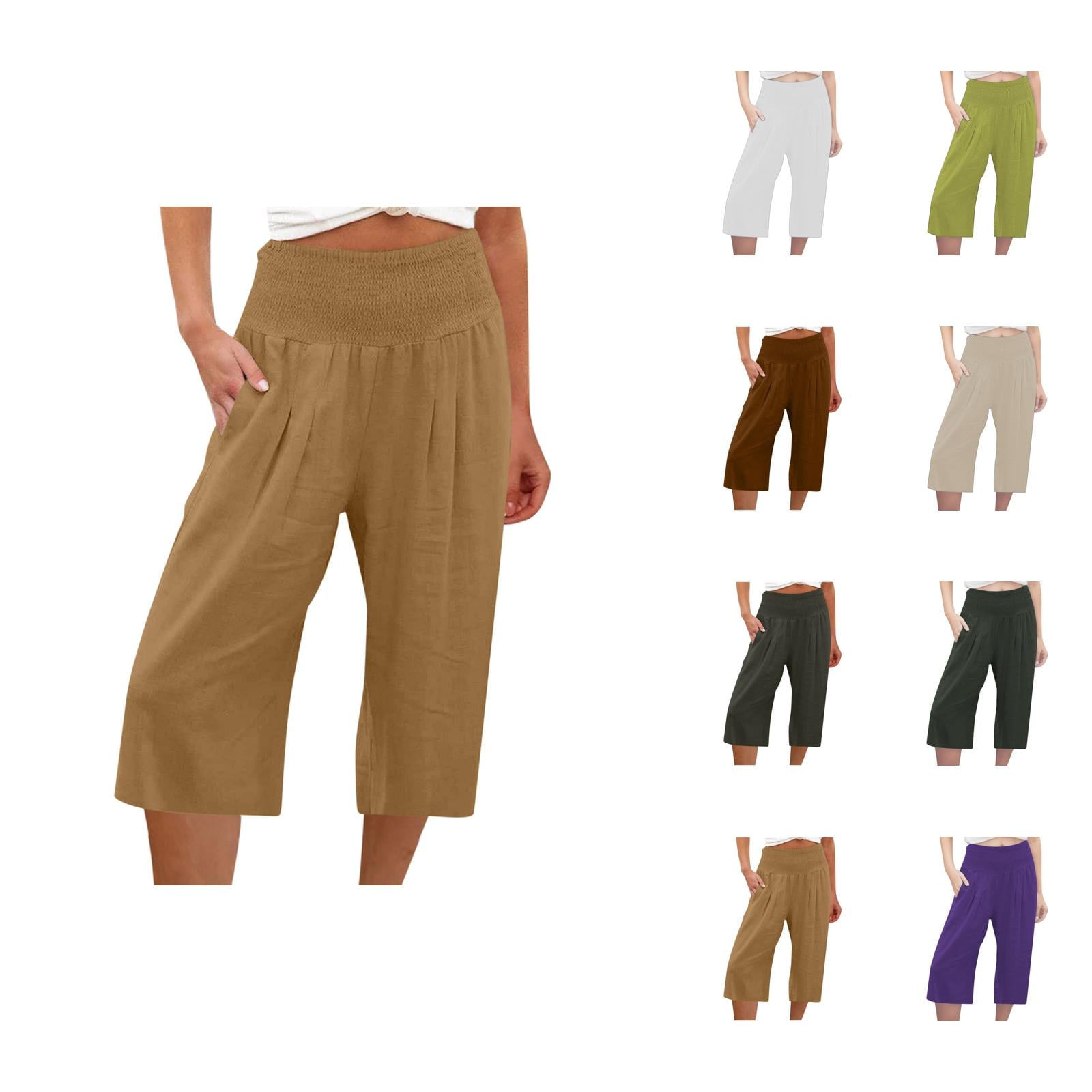 Capri Pants for Women 2025 Solid Color Linen Elastic Waist Casual Loose ...