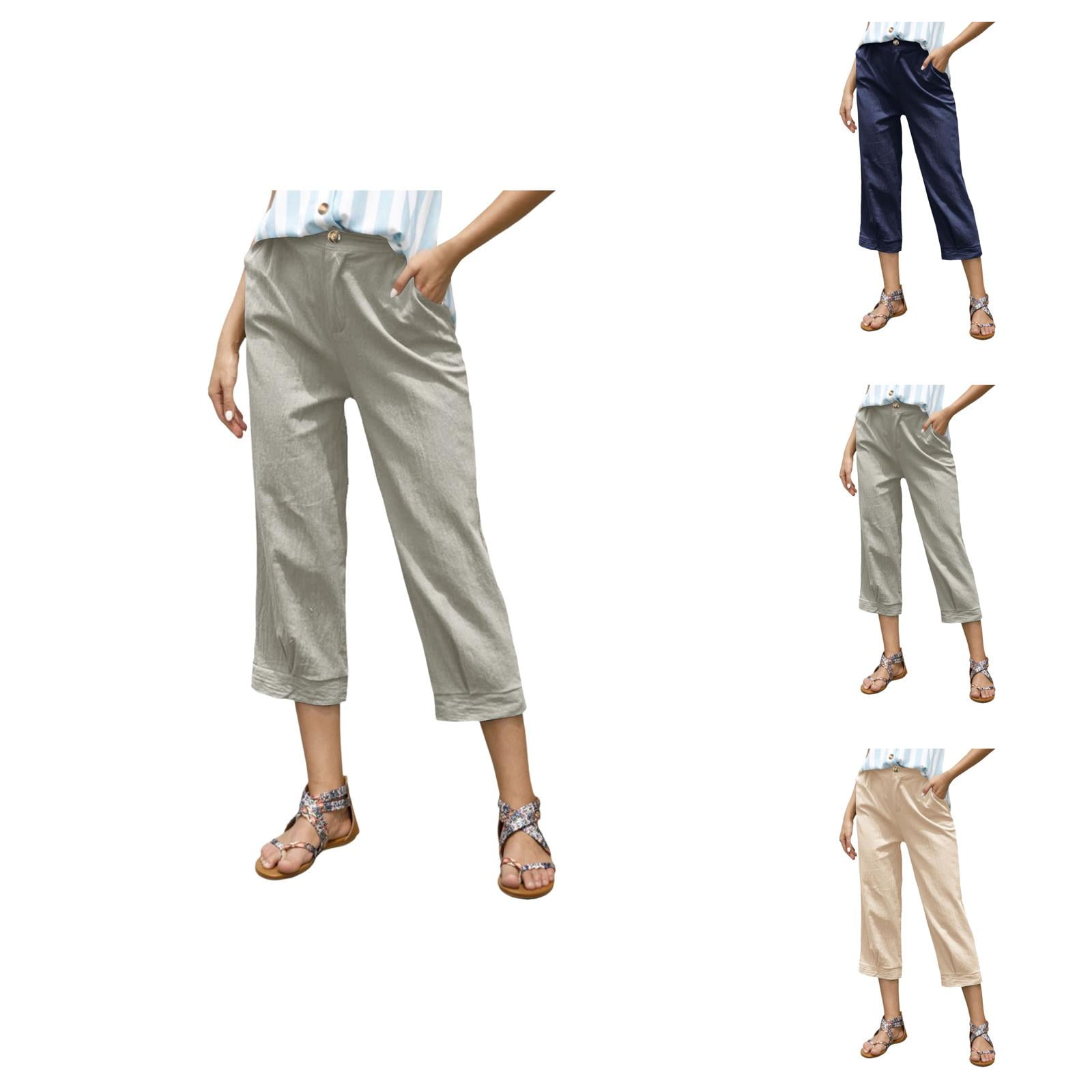 Capri Pants for Women 2025 Solid Color Straight Leg Mid Waist Casual ...