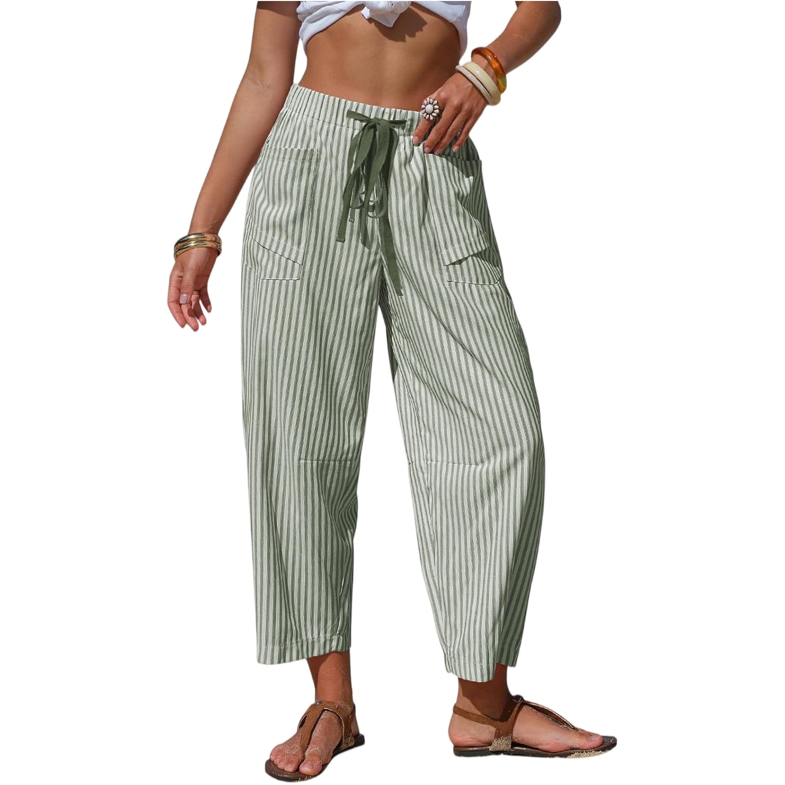 Capri Pants for Women Boho Wide Leg Drawstring Barrel Capris Summer ...