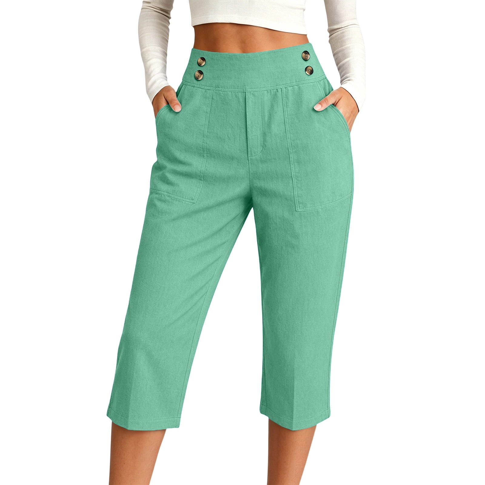 Capri Pants for Women Button up High Waisted Pants Golf Yoga Work ...