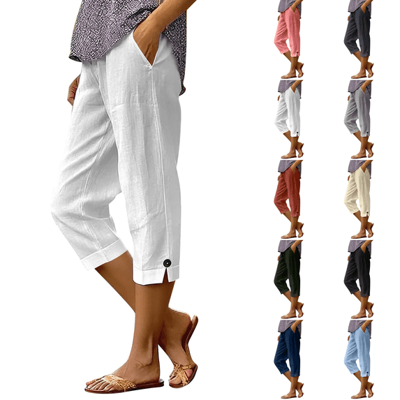 Capri Pants for Women Casual Petite Summer Linen Capris High Waist Side ...