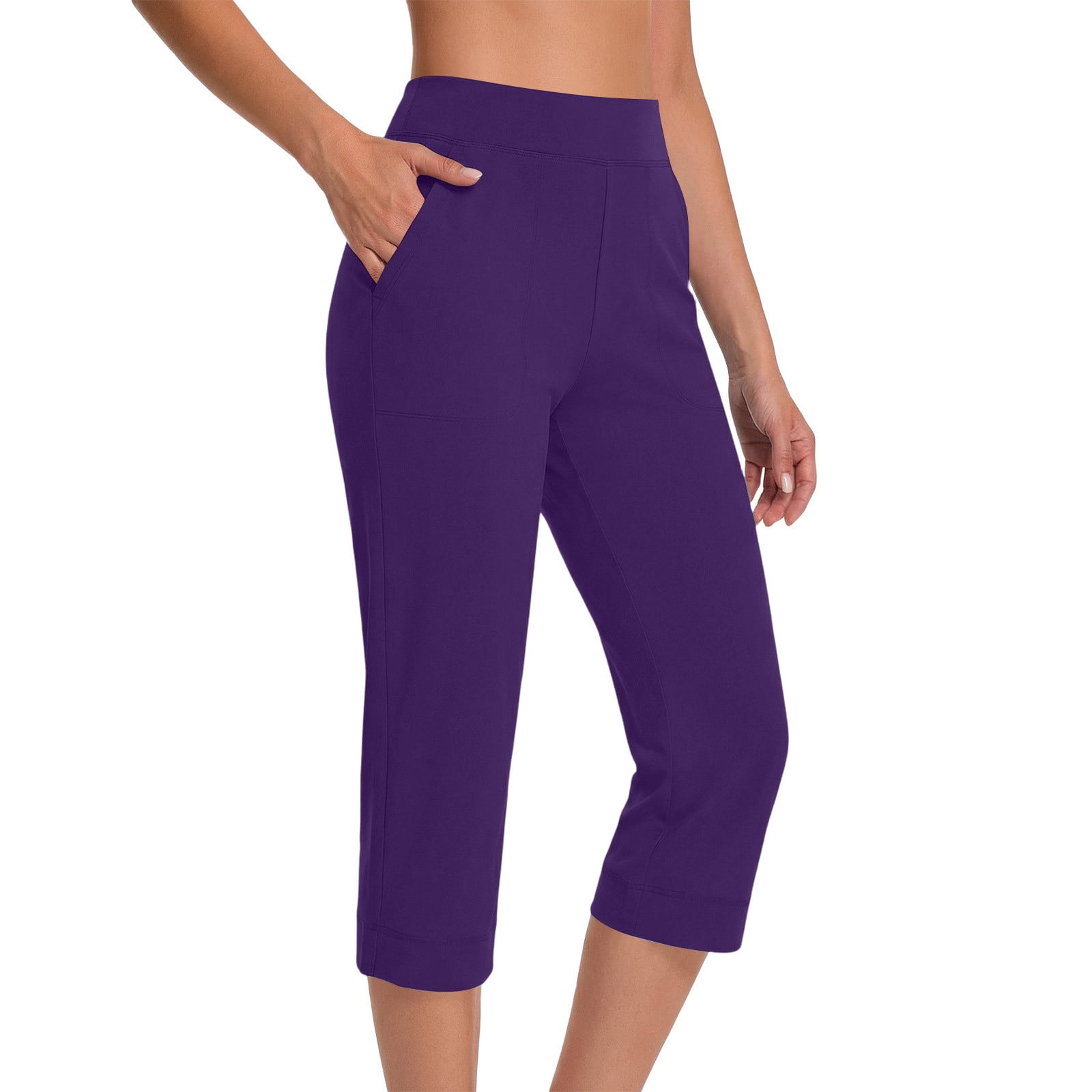 Capri Pants for Women Casual Work Elastic High Waist Solid Color Yoga ...