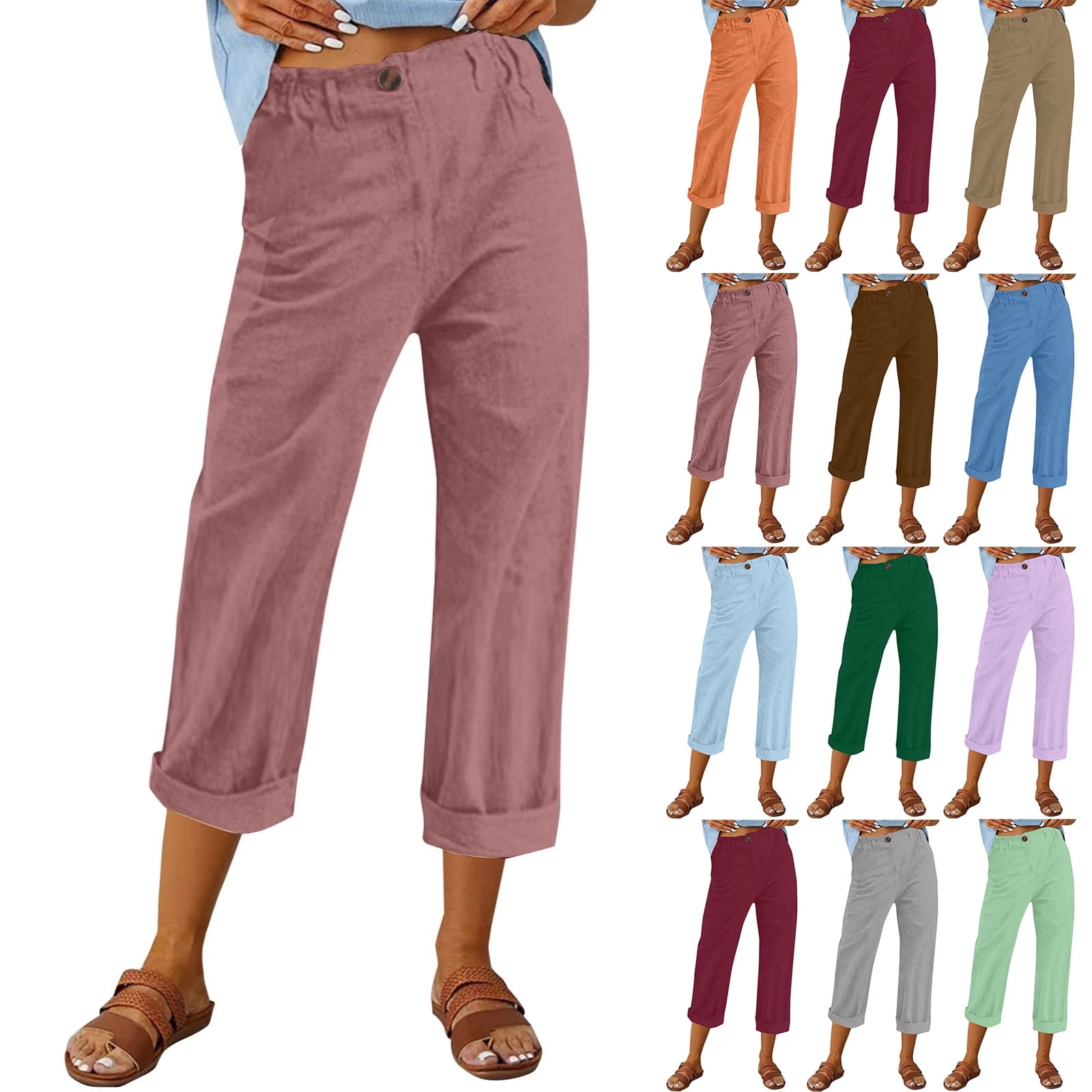 Capri Pants for Women Cotton Linen Straight Wide Leg Capris Casual ...