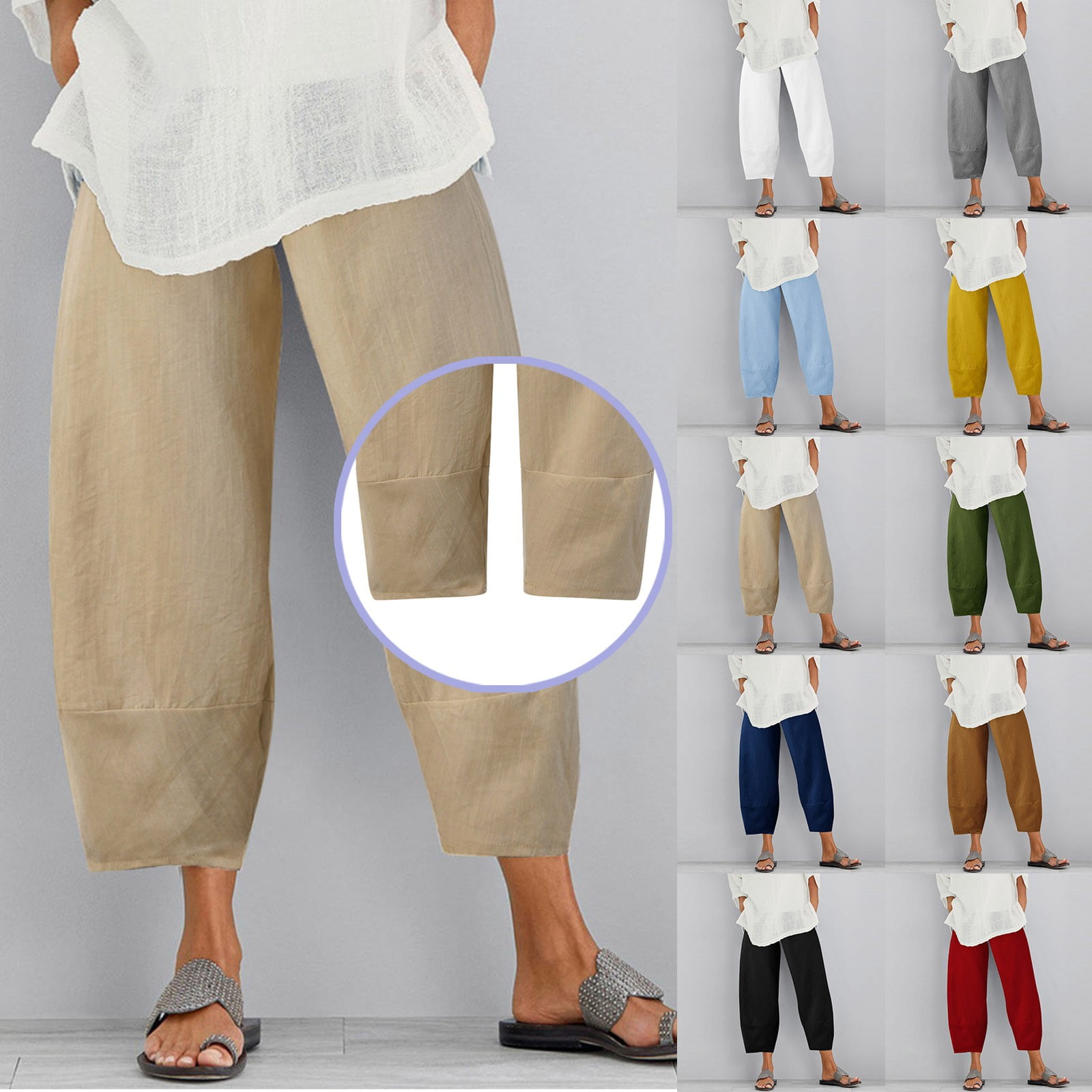 Capri Pants for Women Daily Solid Color Side Hip Pockets Elastic Waist ...