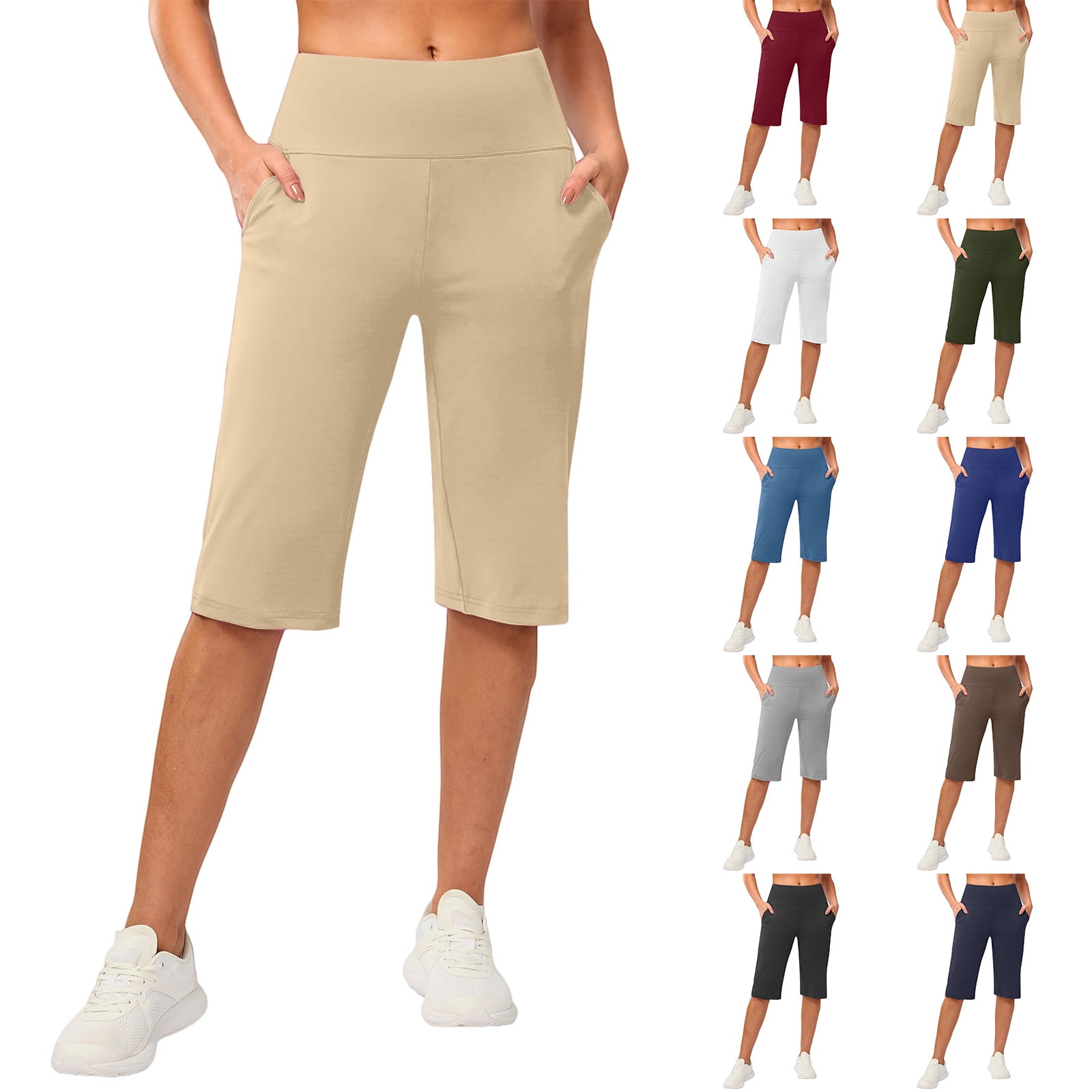 Capri Pants for Women High Waist Workout Yoga Shorts with Pockets Tummy ...