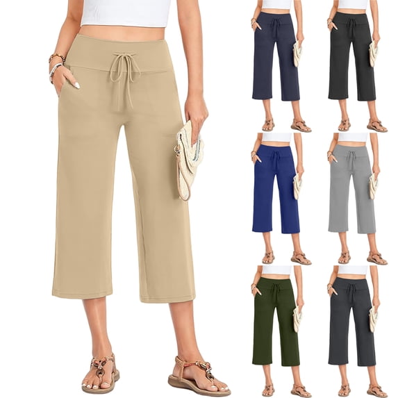 Capri Pants for Women High Waisted Drawstring Wide Leg Capris Summer ...