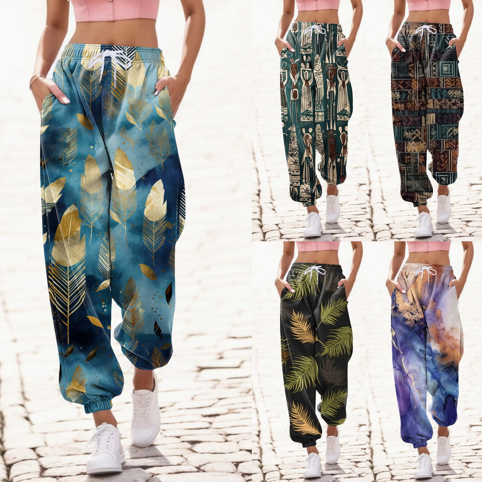 Capri Pants for Women High Waisted Sporty Gym Tye Die Print Athletic Joggers with Pockets Army ...