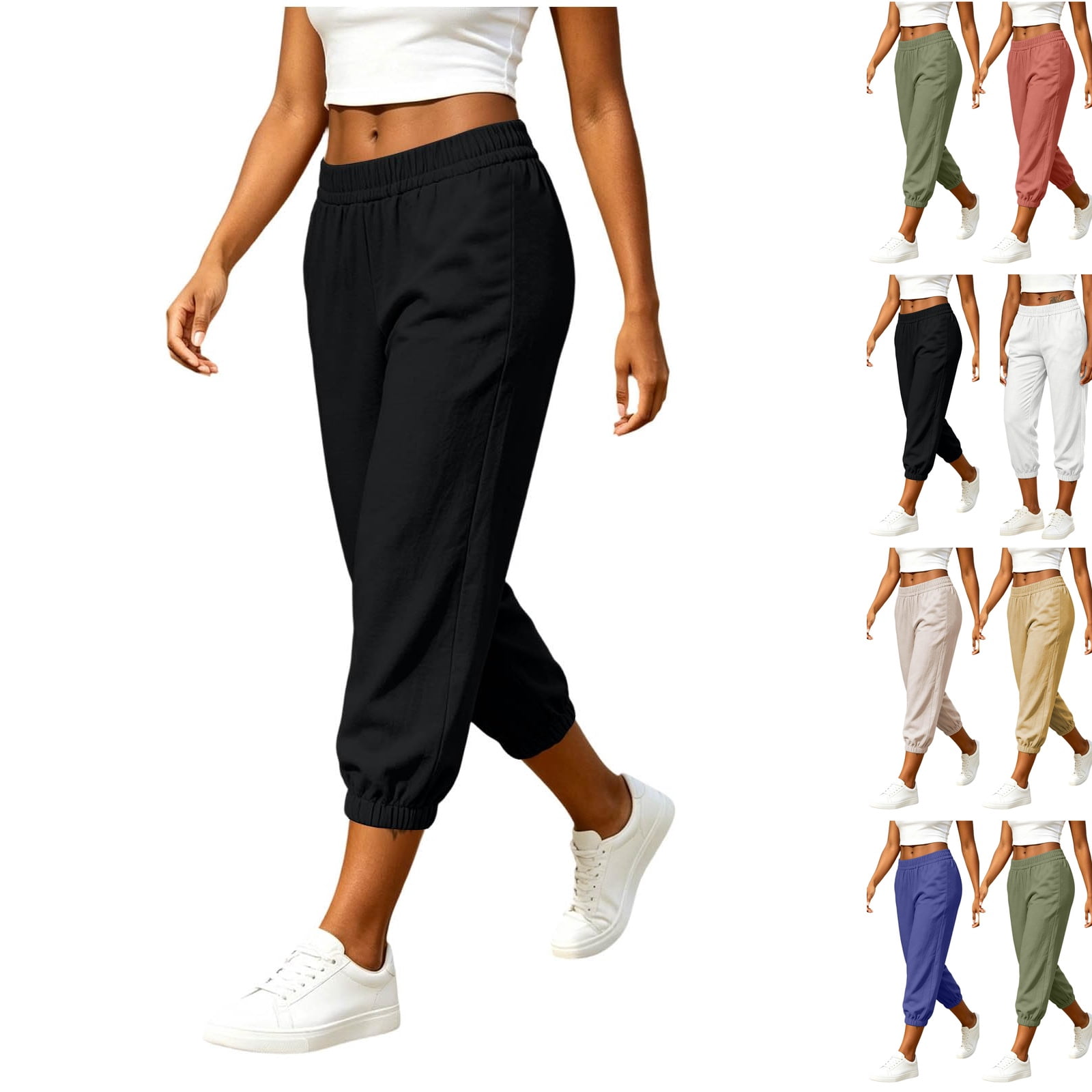 Capri Pants for Women Joggers Linen Casual Workout Straight Leg Elastic ...