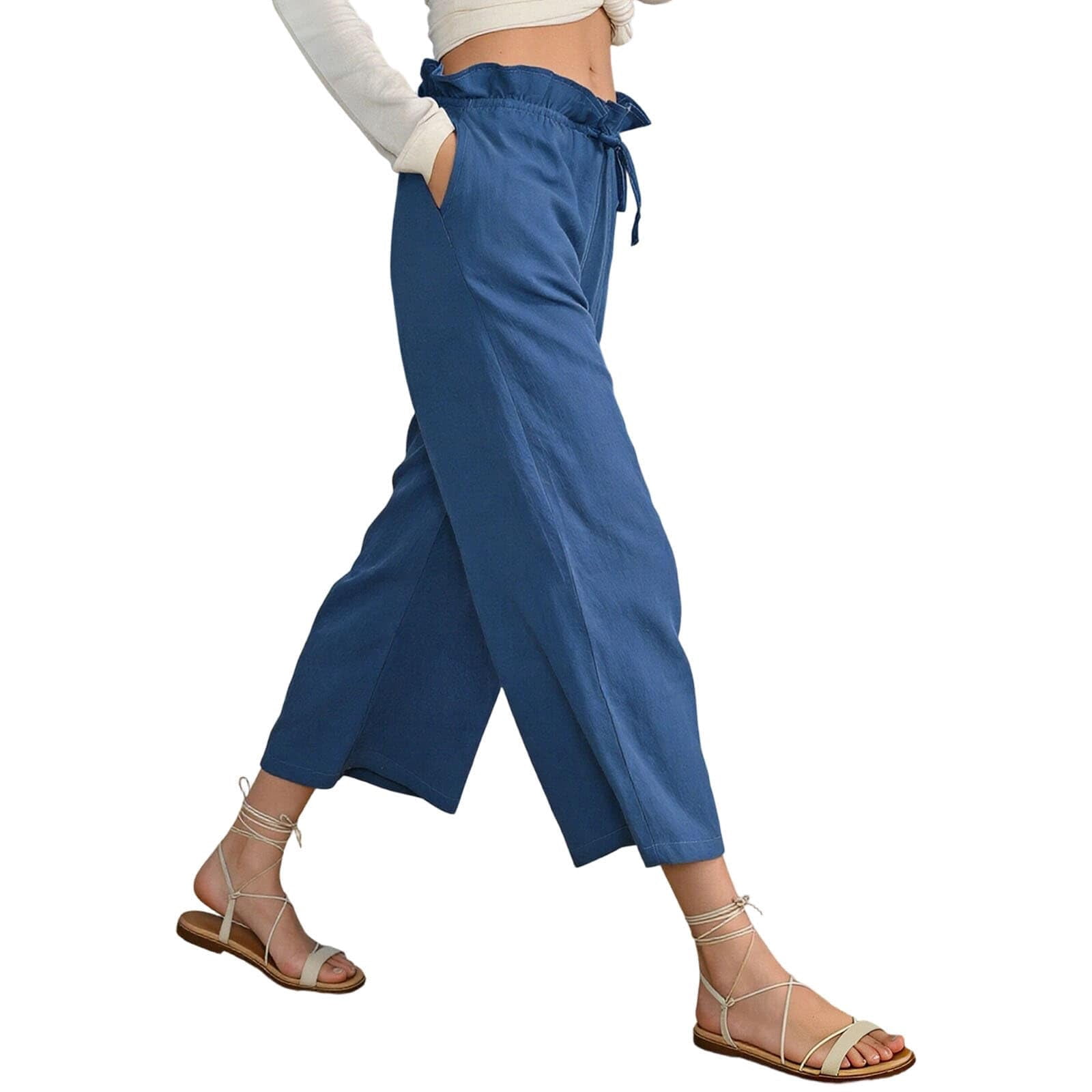 Capri Pants for Women Linen Capris with Pockets High Waisted Wide Leg ...