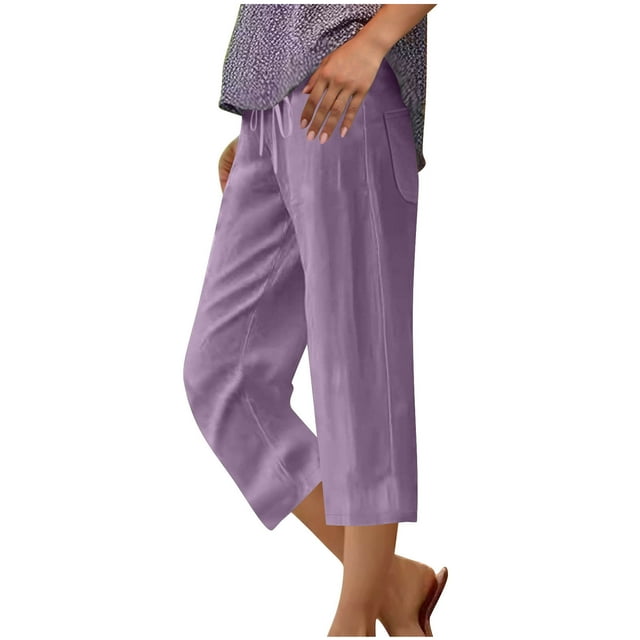 Capri Pants for Women Linen Cropped Pants Loose Casual Cotton Straight Leg Elastic Waist Summer ...