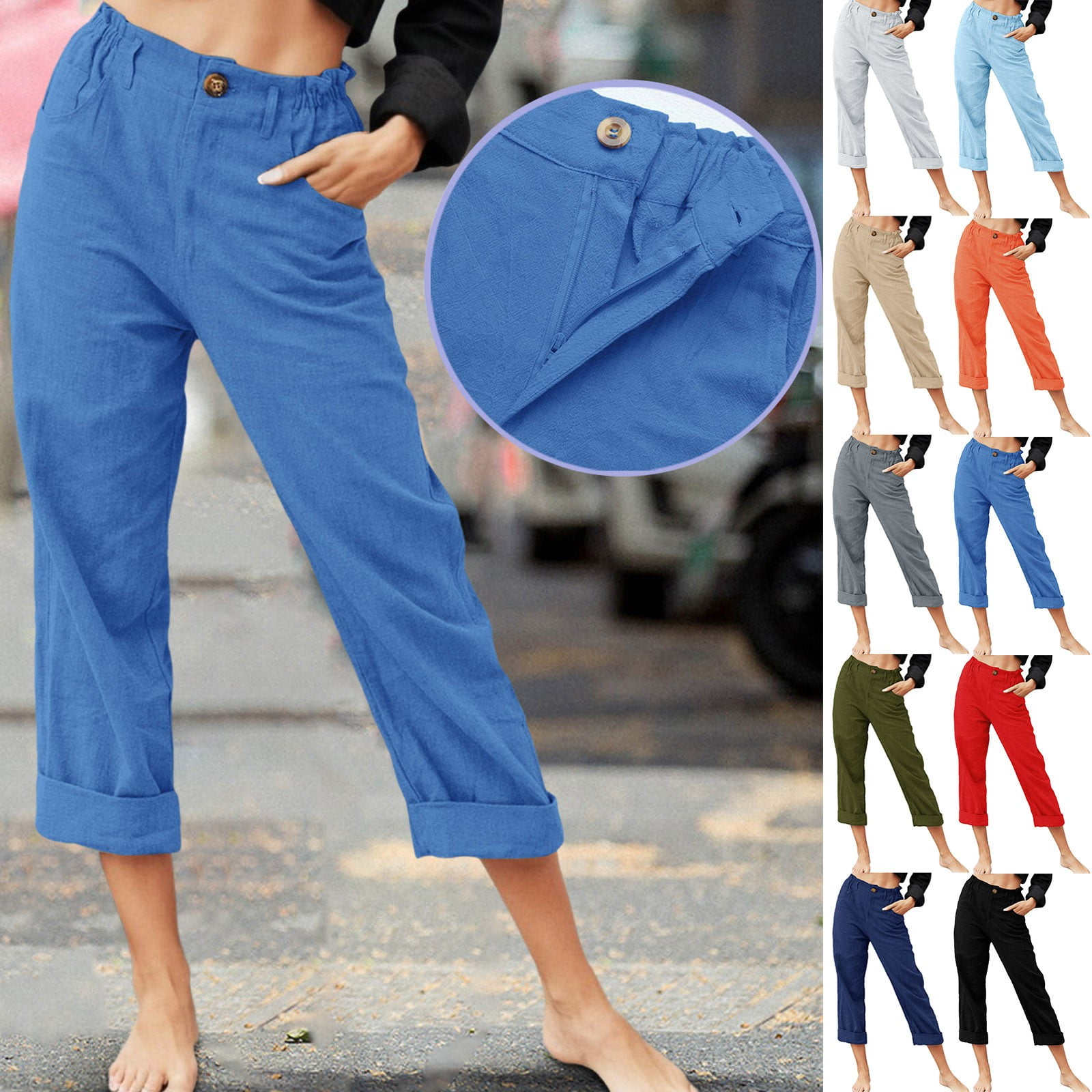 Capri Pants for Women Solid Color Pockets Zipper Elastic Button Waist ...