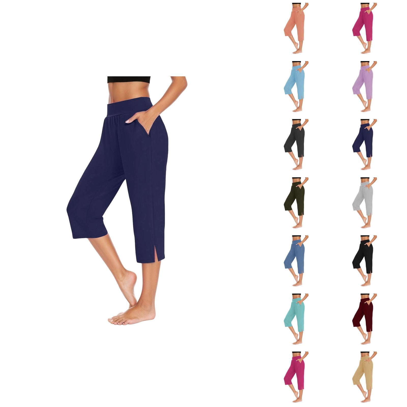 Capri Pants for Women Spring Summer Elastic Waist Straight Leg Side ...