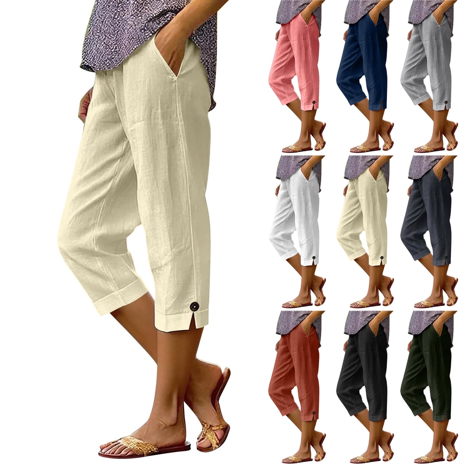 Capri Pants for Women Summer Casual Cropped Linen Pants Elastic Waist ...