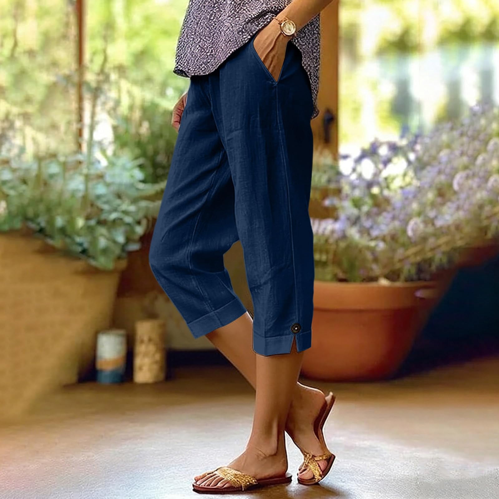 Capri Pants for Women Summer Casual Cropped Linen Pants Elastic Waist ...