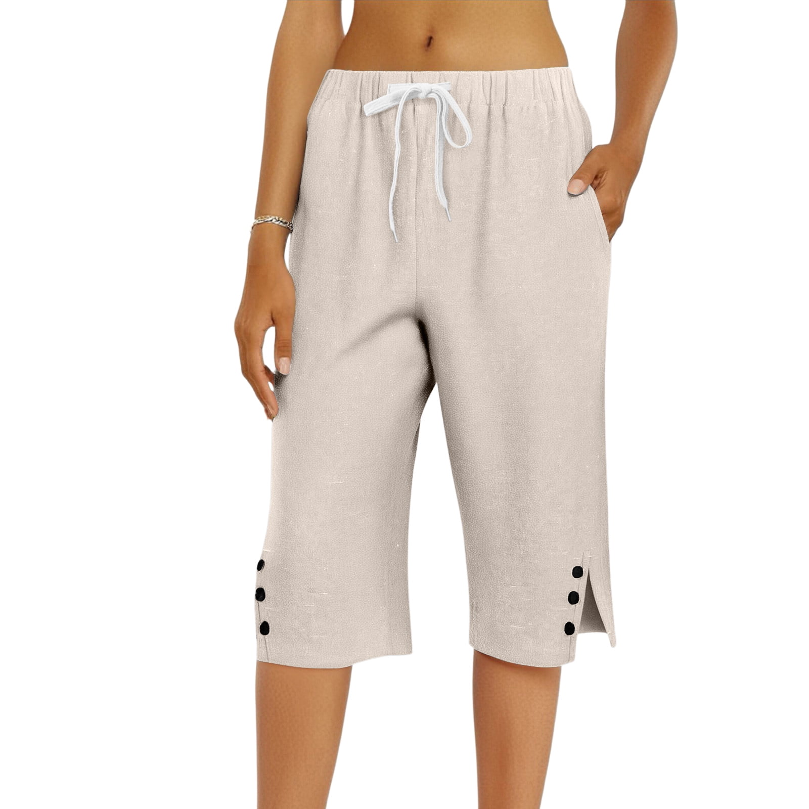 Capri Pants for Women Summer Casual Cropped Linen Pants Elastic Waist ...