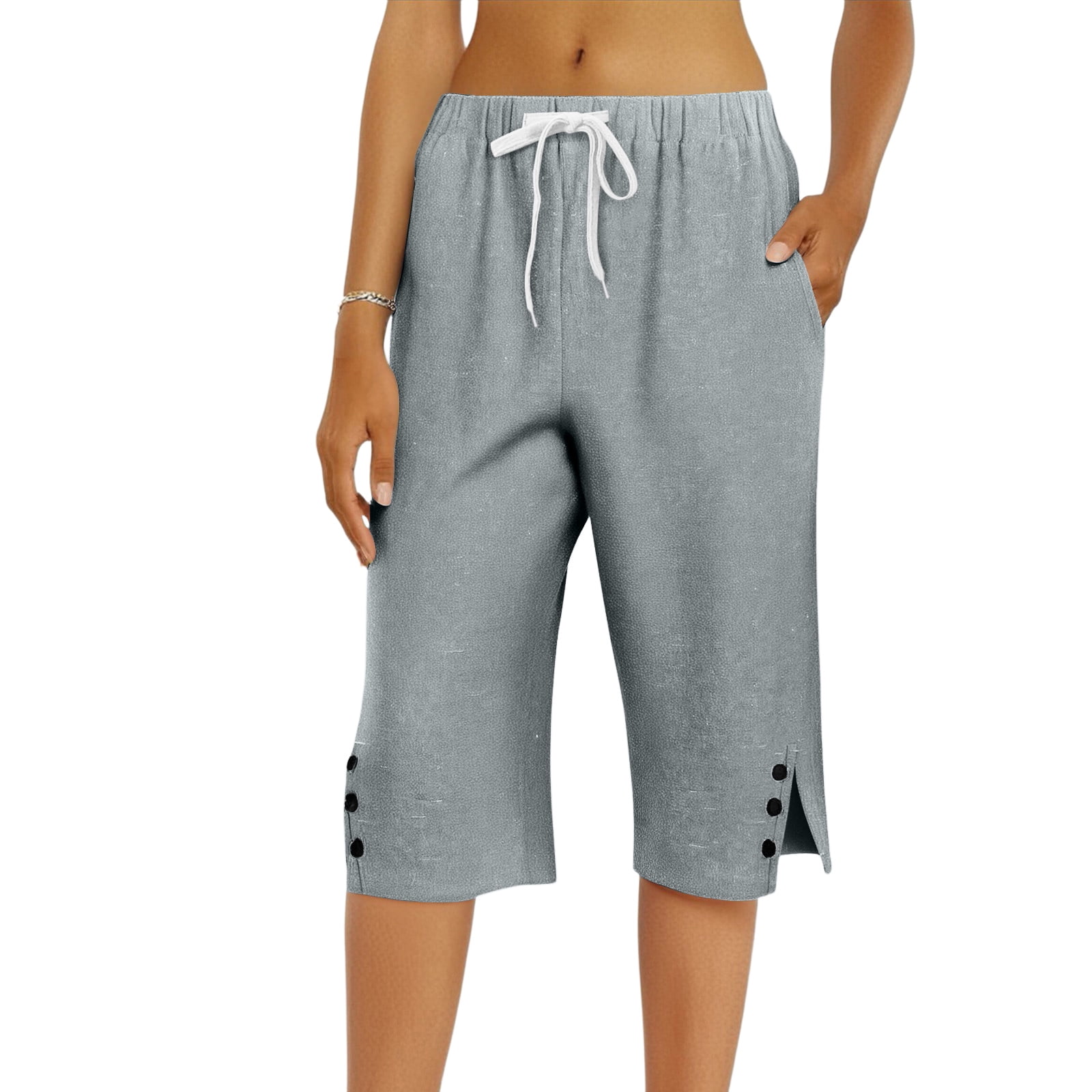 Capri Pants for Women Summer Casual Cropped Linen Pants Elastic Waist ...