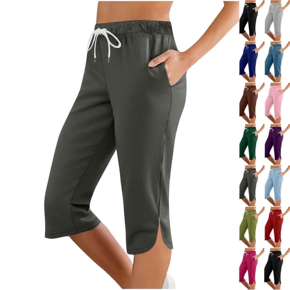 Capri Pants for Women Summer High Elastic Waist Drawstring Comfy Yoga ...