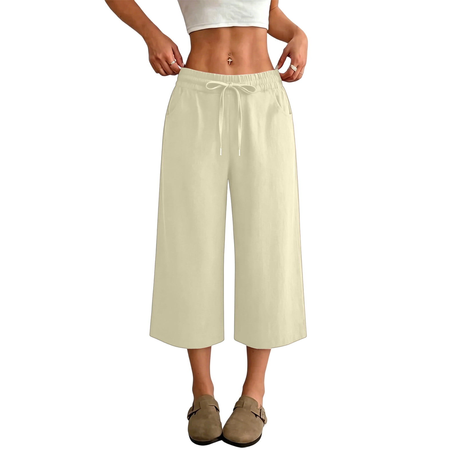 Capri Pants for Women Summer Ladies High Waisted Drawstring Sraight ...