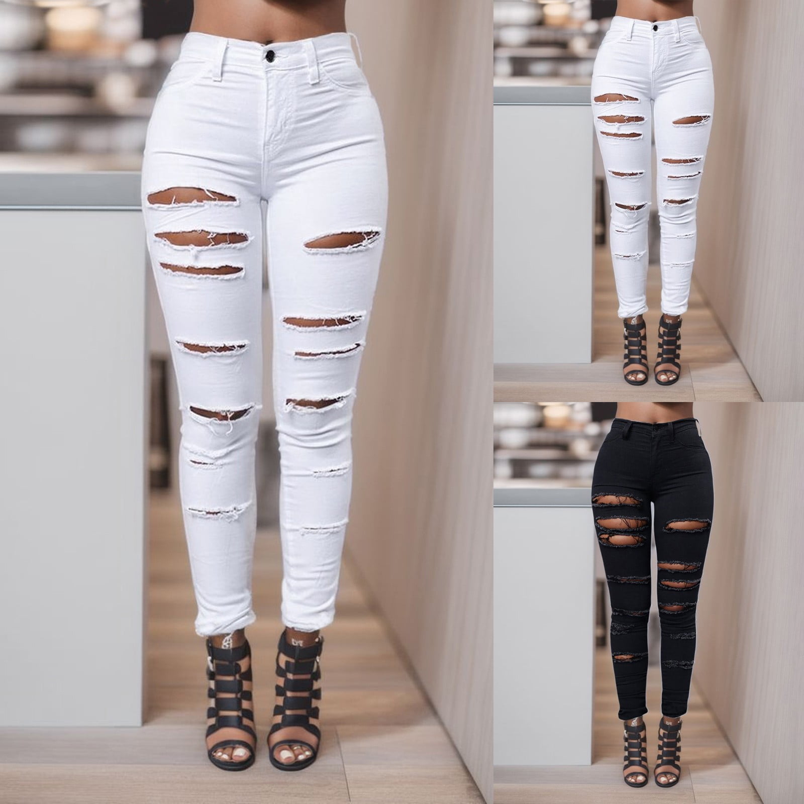 Capri Pants for Women Trendy European Ripped Ripped Jeans Slim Fit ...
