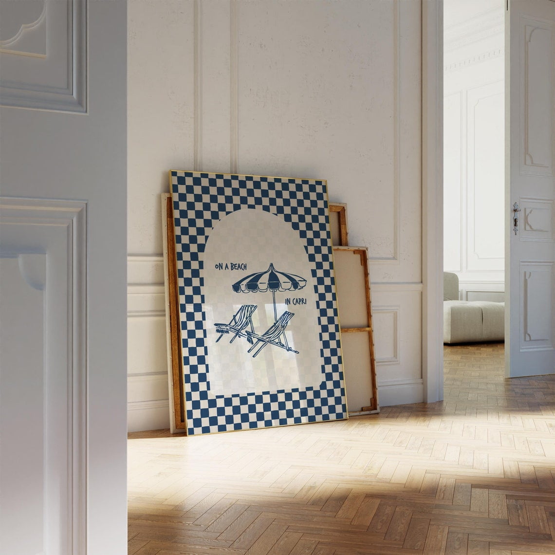 Capri Poster Italy, Checkered Trendy Art, Navy Blue & White Capri Print ...
