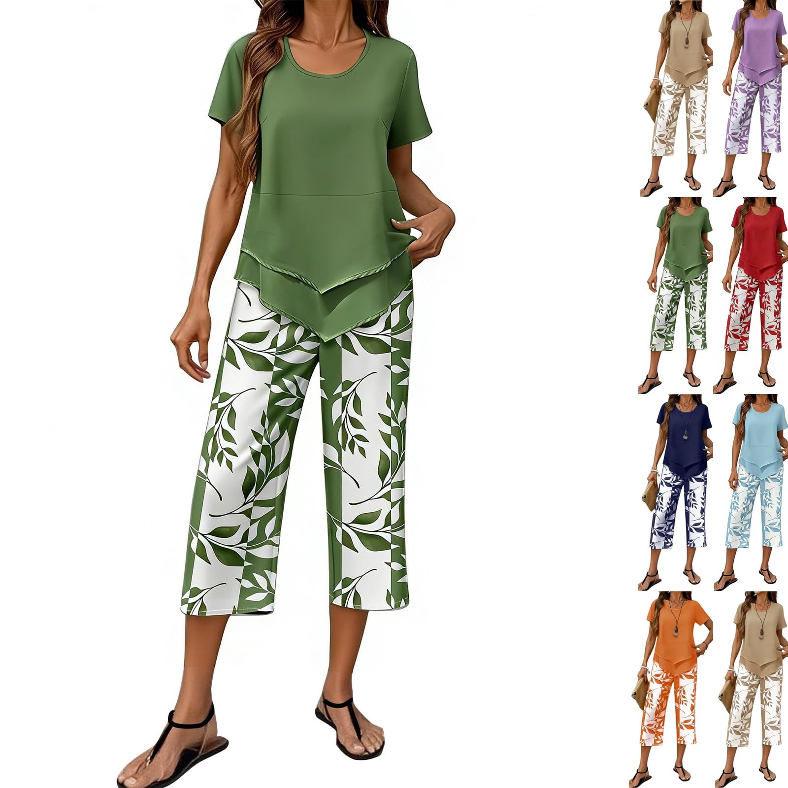 Capri Sets Women 2 Piece Outfits Casual Short Sleeve Tiered Top Printed ...