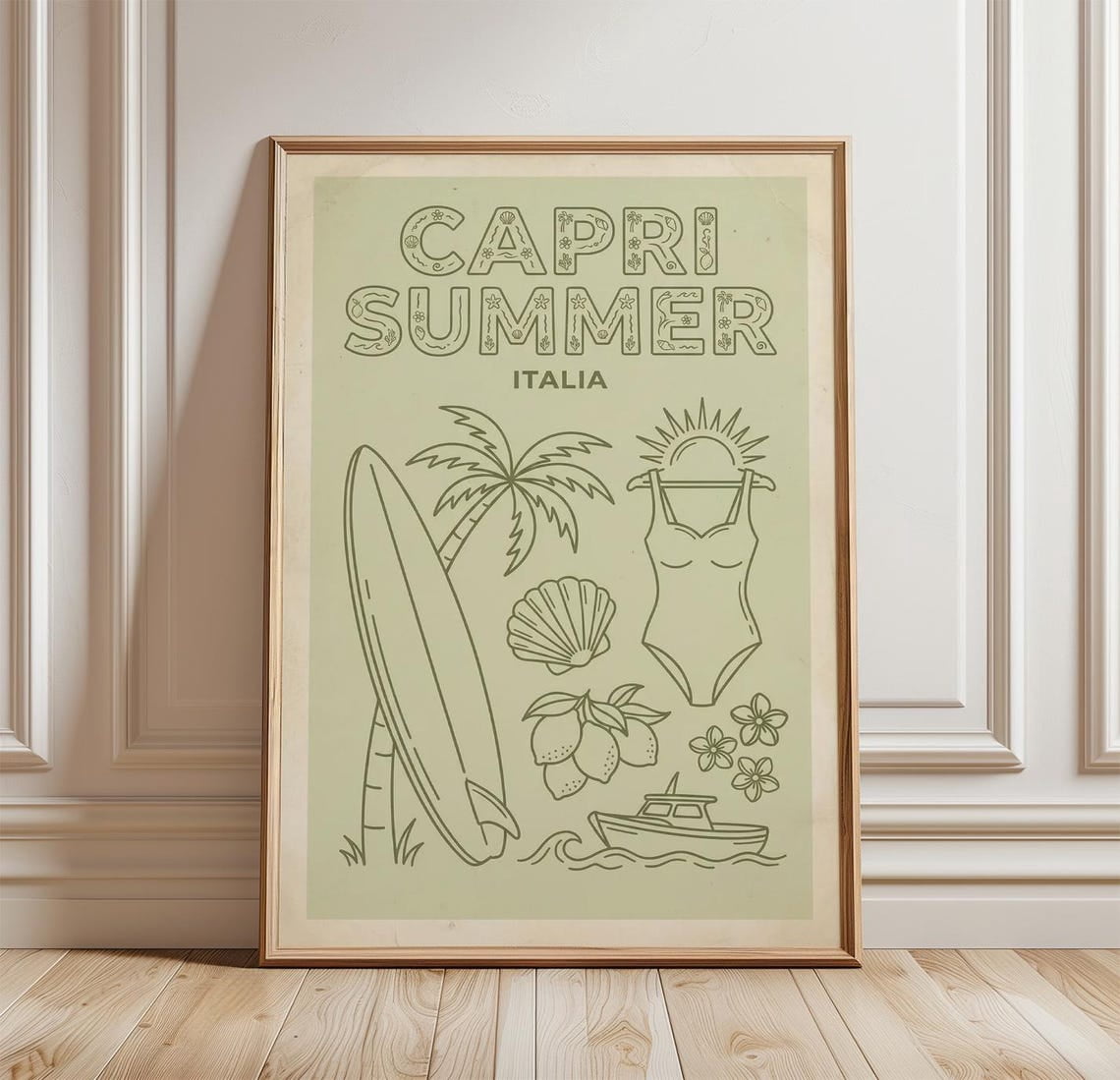 Capri Summer Italy Minimal Italian Surfboard Palm Tree Lemon Art ...