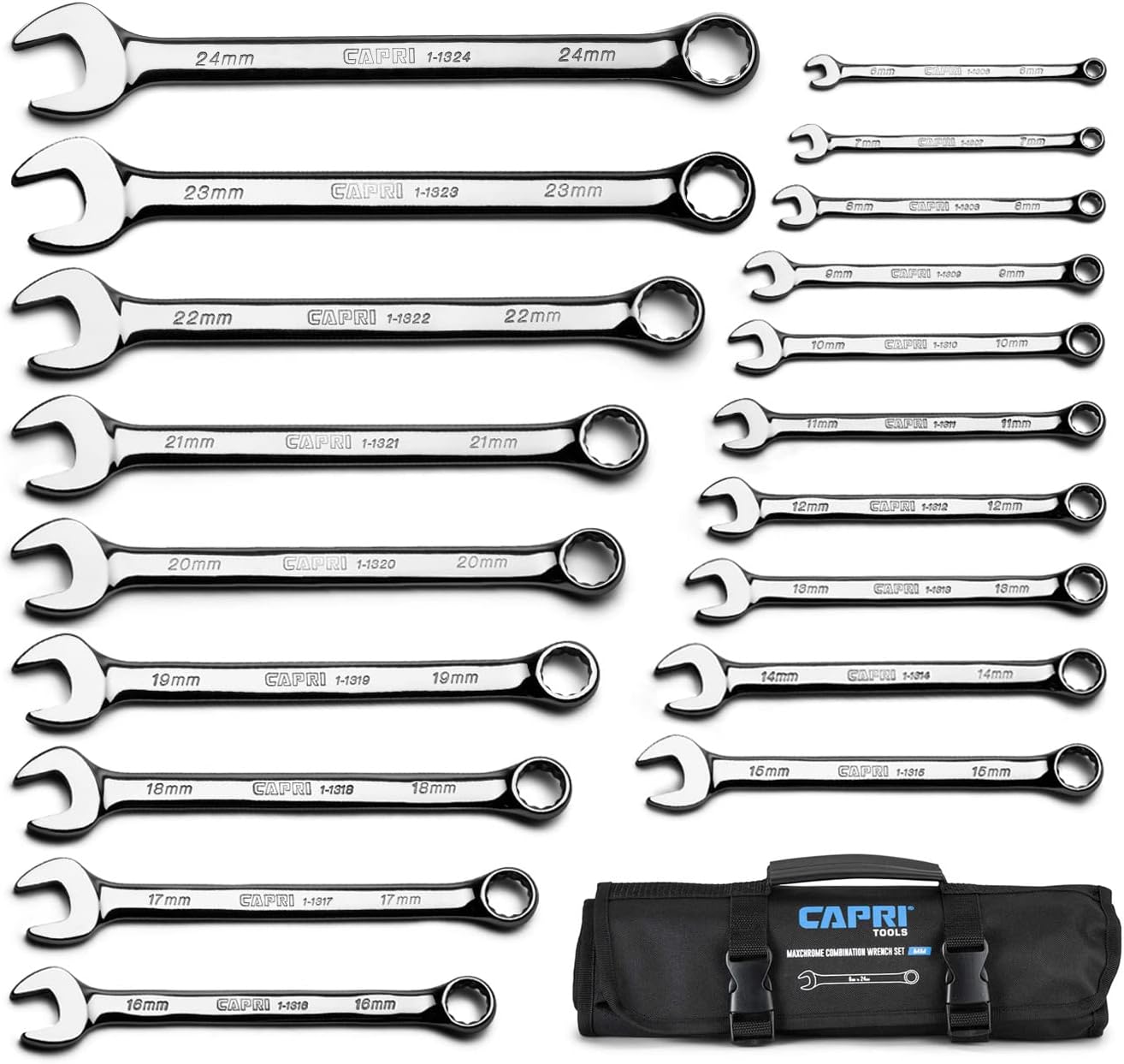 Capri Tools MaxChrome Combination Wrench Set, 6 to 24 mm, 19-Piece with ...
