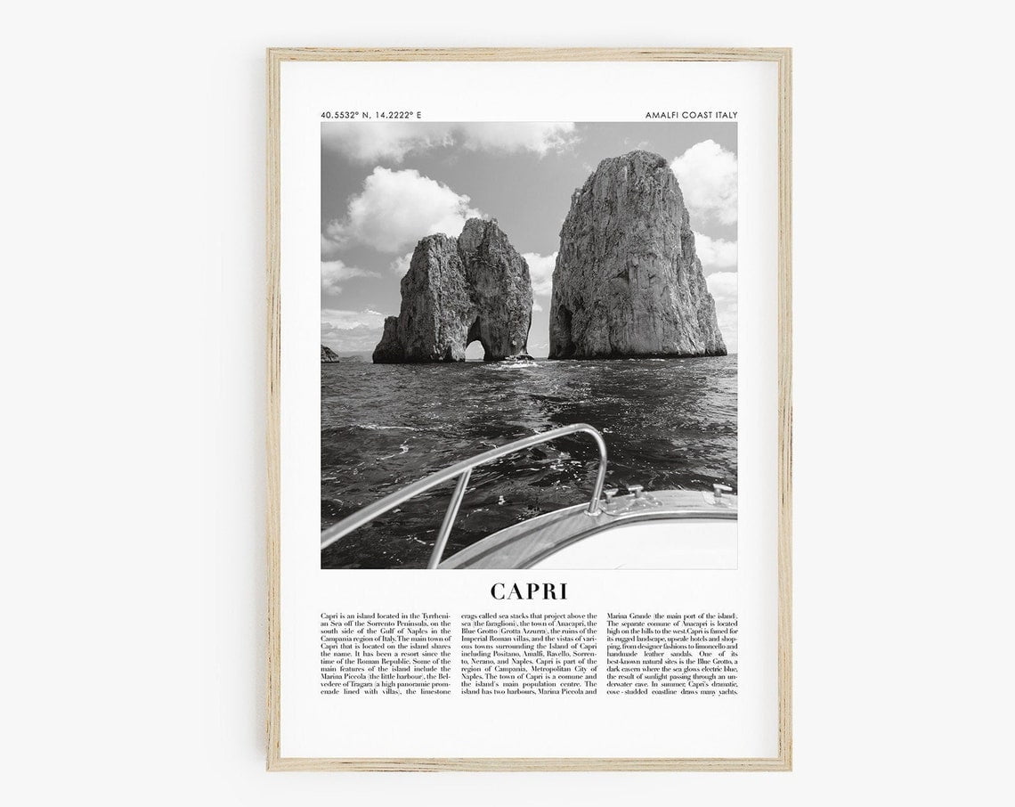 Capri Travel Poster, Black And White Travel Print, Amalfi Coast Italy ...
