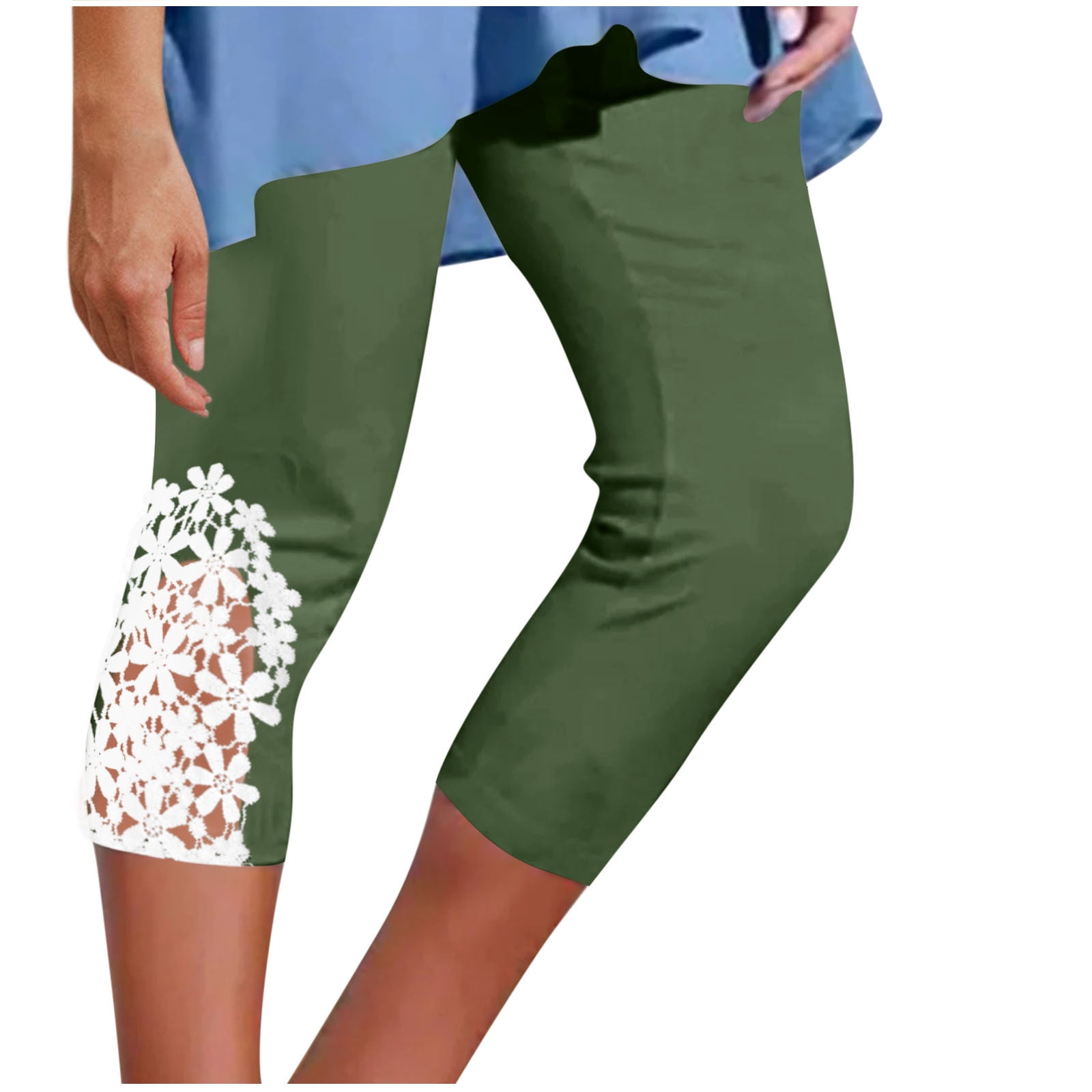 Capri Yoga Pants for Women Solid Style Lace Trim Cropped Activewear ...