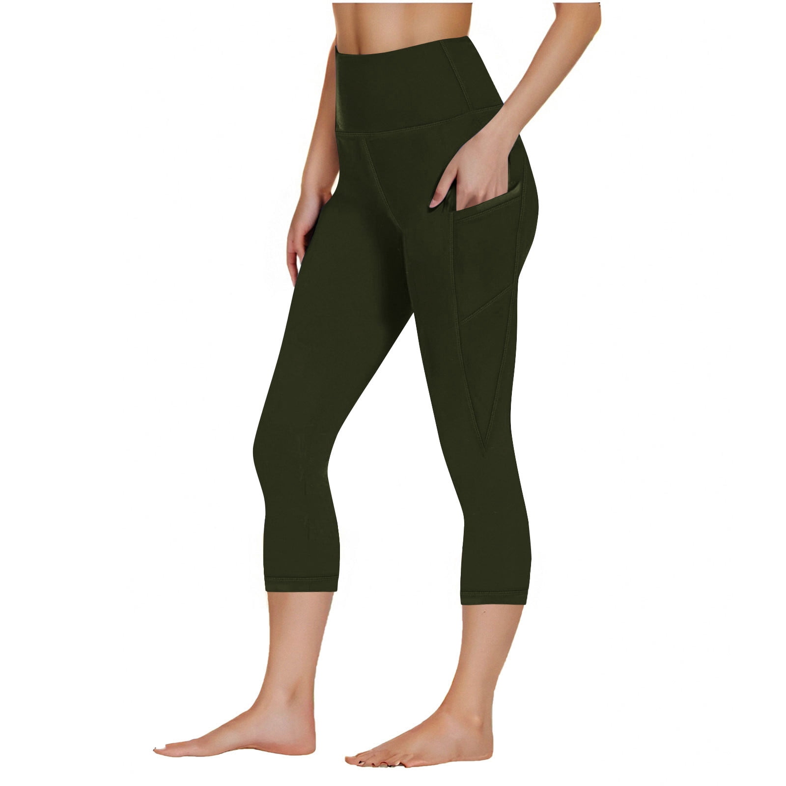 Capri Yoga Pants for Women Pockets Cropped Activewear Solid Style Tummy ...
