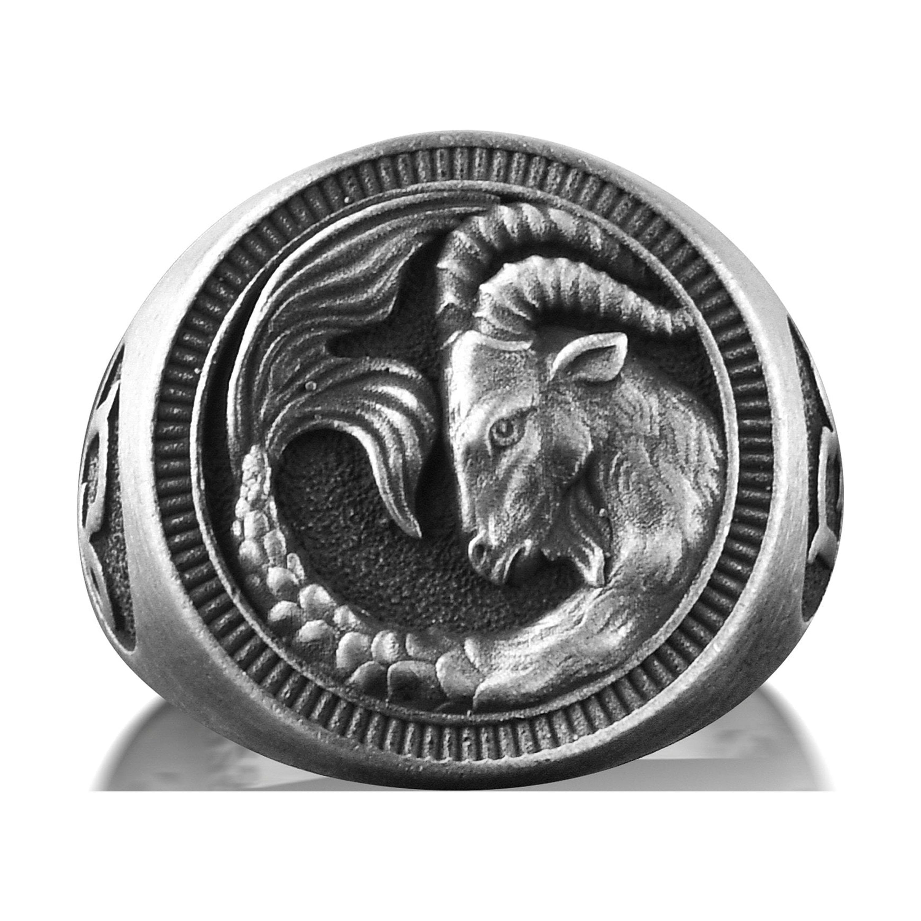 Capricorn Engraved Zodiac Sign Ring for men in Sterling Silver, Oxidized Pinky Signet Ring For ...
