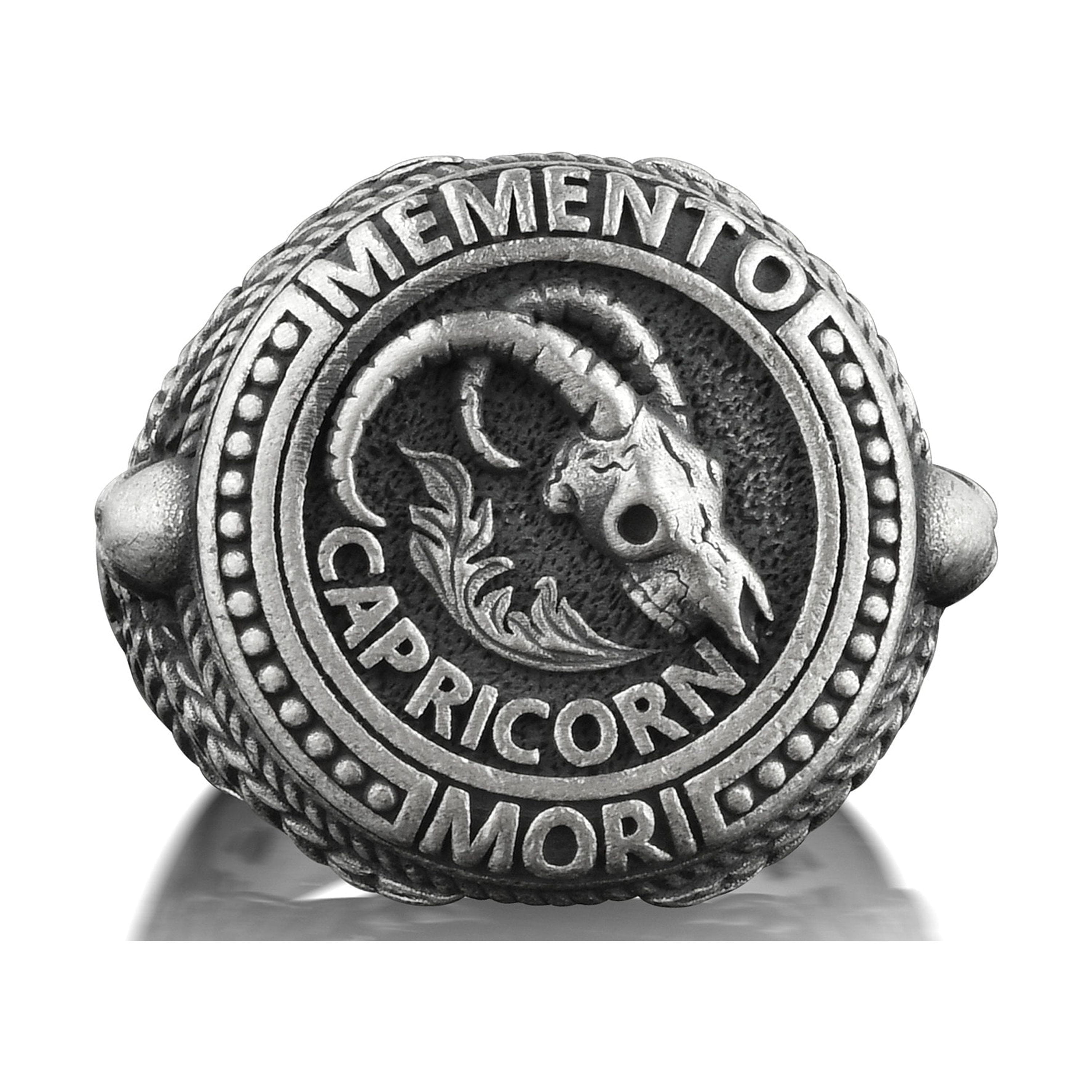 Capricorn Gothic Biker Ring For Men, Memento Mori Zodiac Signet Ring in Oxidized Silver, Goat ...