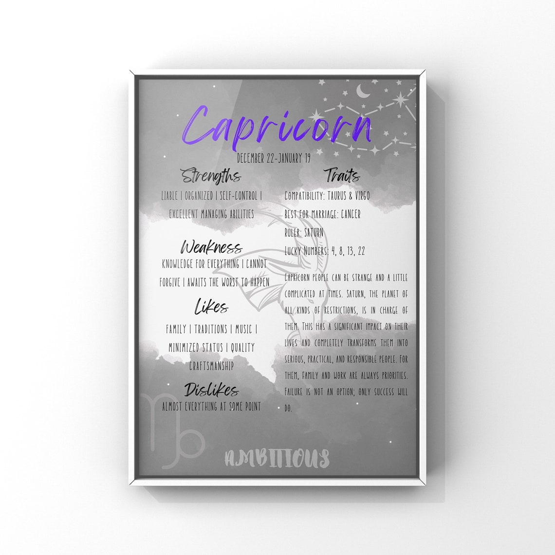 Capricorn Poster Zodiac Astrology Art Star Sign Poster Horoscope Print ...
