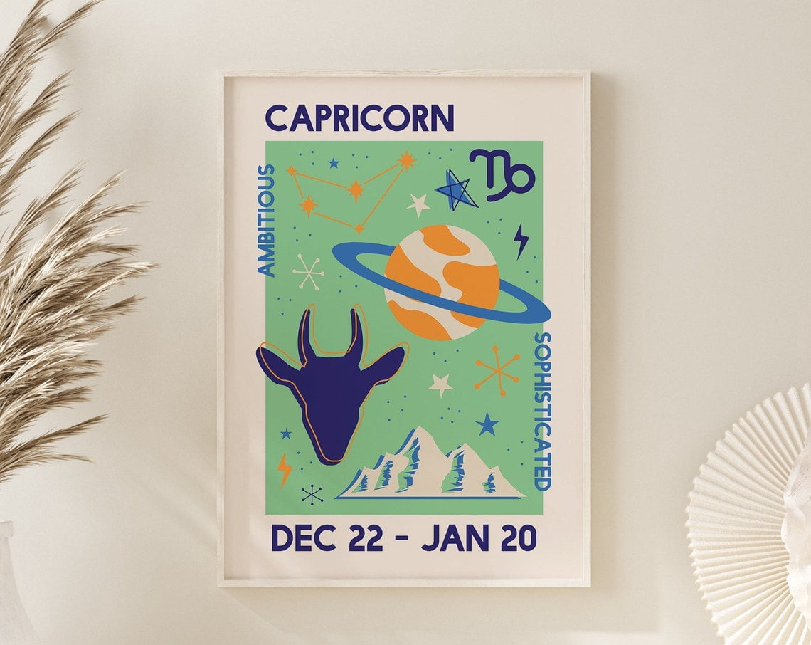Capricorn Zodiac Print, Art, Trendy Astrology Poster, Green Retro Wall ...