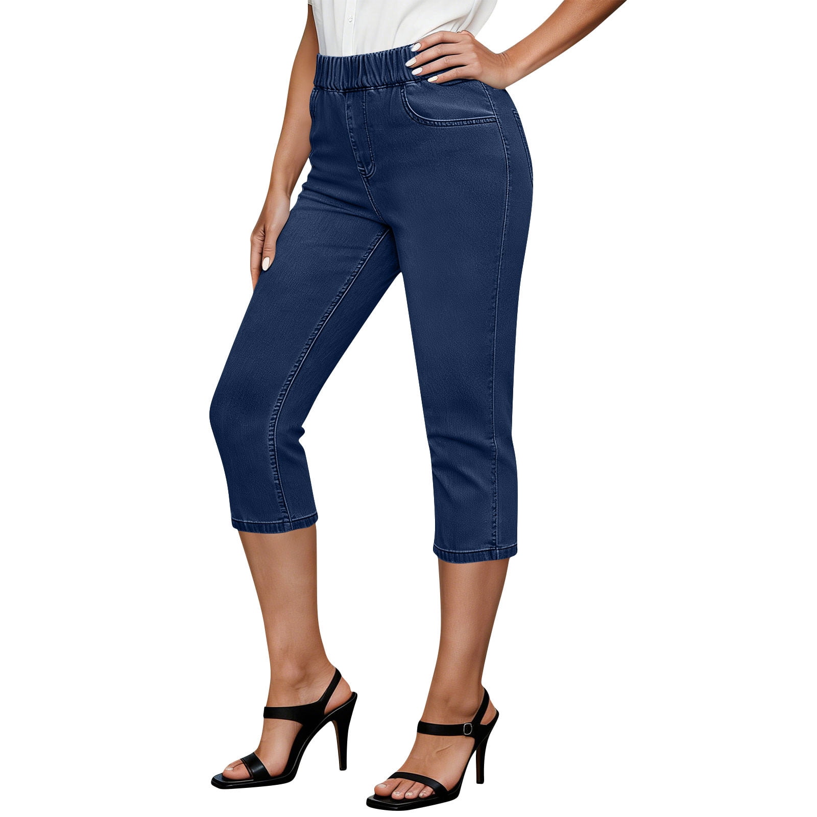 Capris Jeans for Women High Waisted Trendy Pull On Elastic Waist Split ...