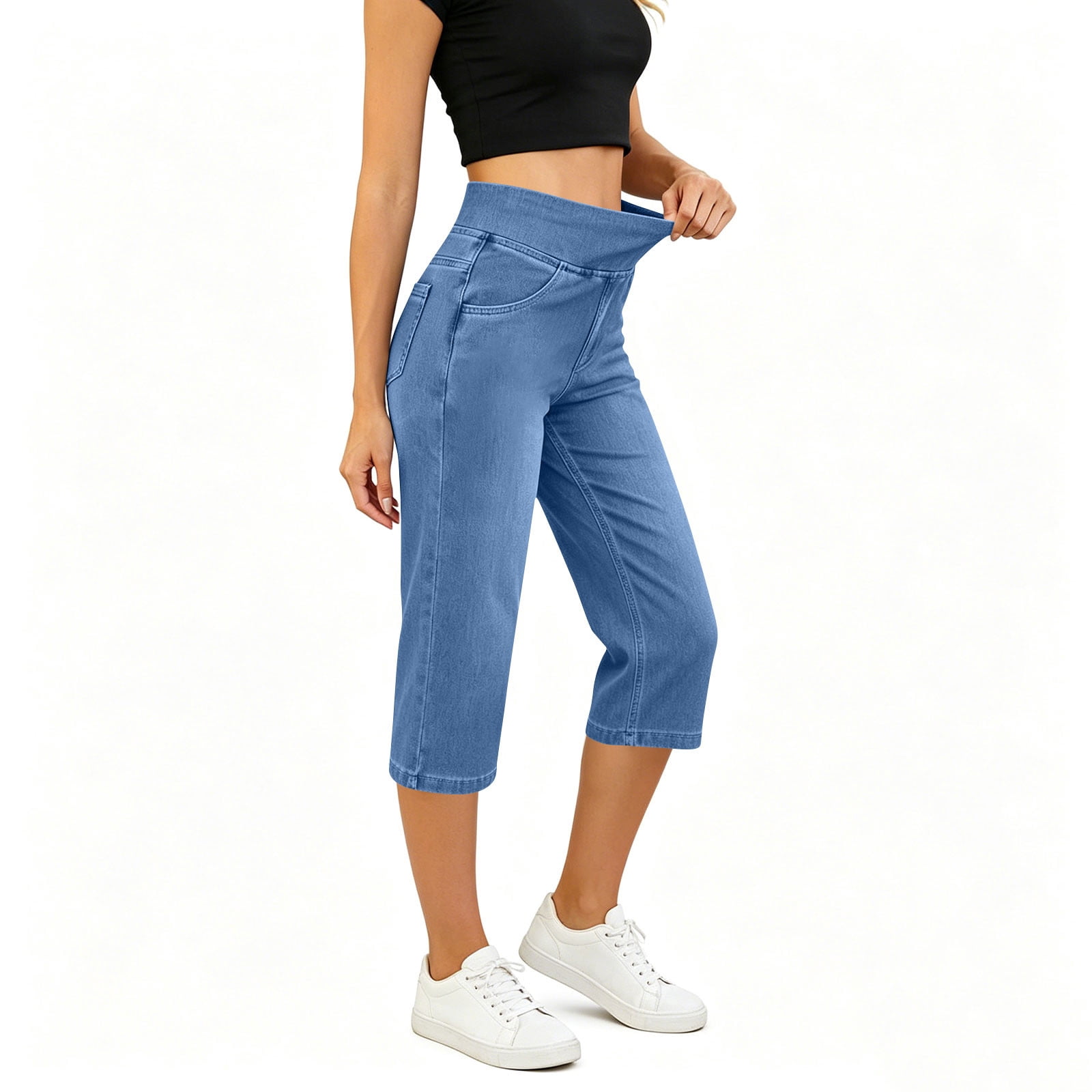 Capris Jeans for Women High Waisted Trendy Pull On Elastic Waist Split ...