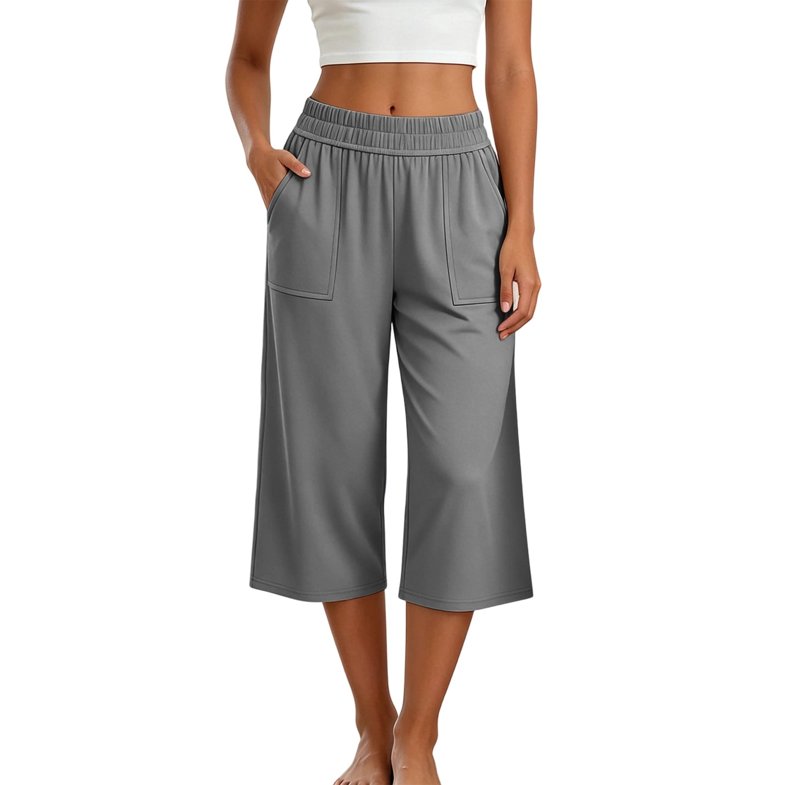 Capris Pants for Women Elastic Loose Straight Wide Leg Trousers Fashion ...