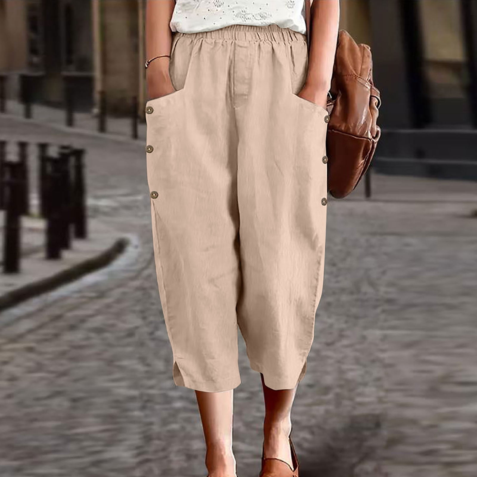 Capris Pants for Ladies, Summer Casual Solid Color Elastic Waist ...