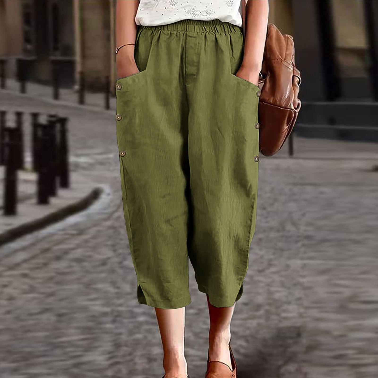 Capris Pants for Ladies, Summer Casual Solid Color Elastic Waist ...