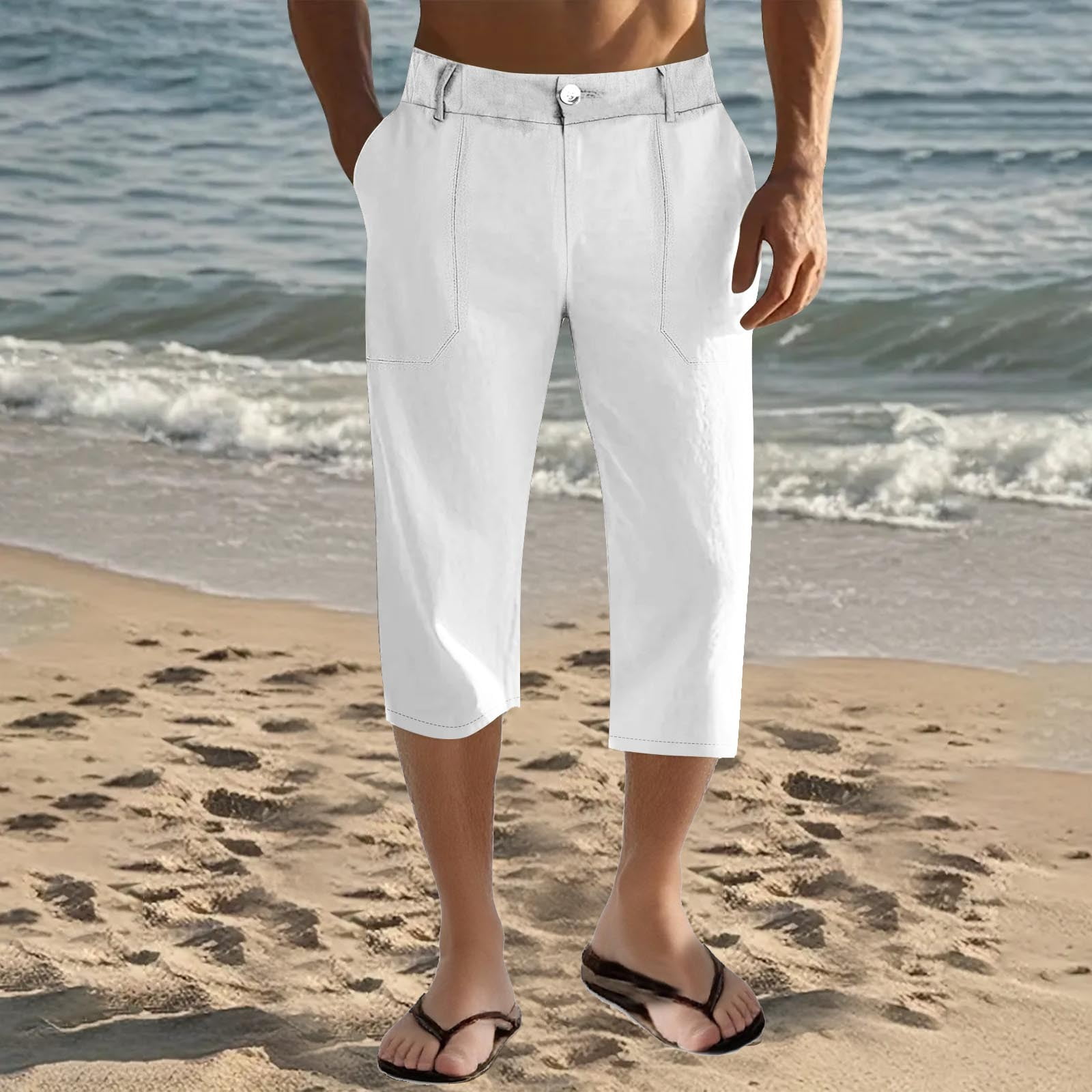 Capris Pants for Men with Pockets Lightweight Elastic Waist Cropped ...