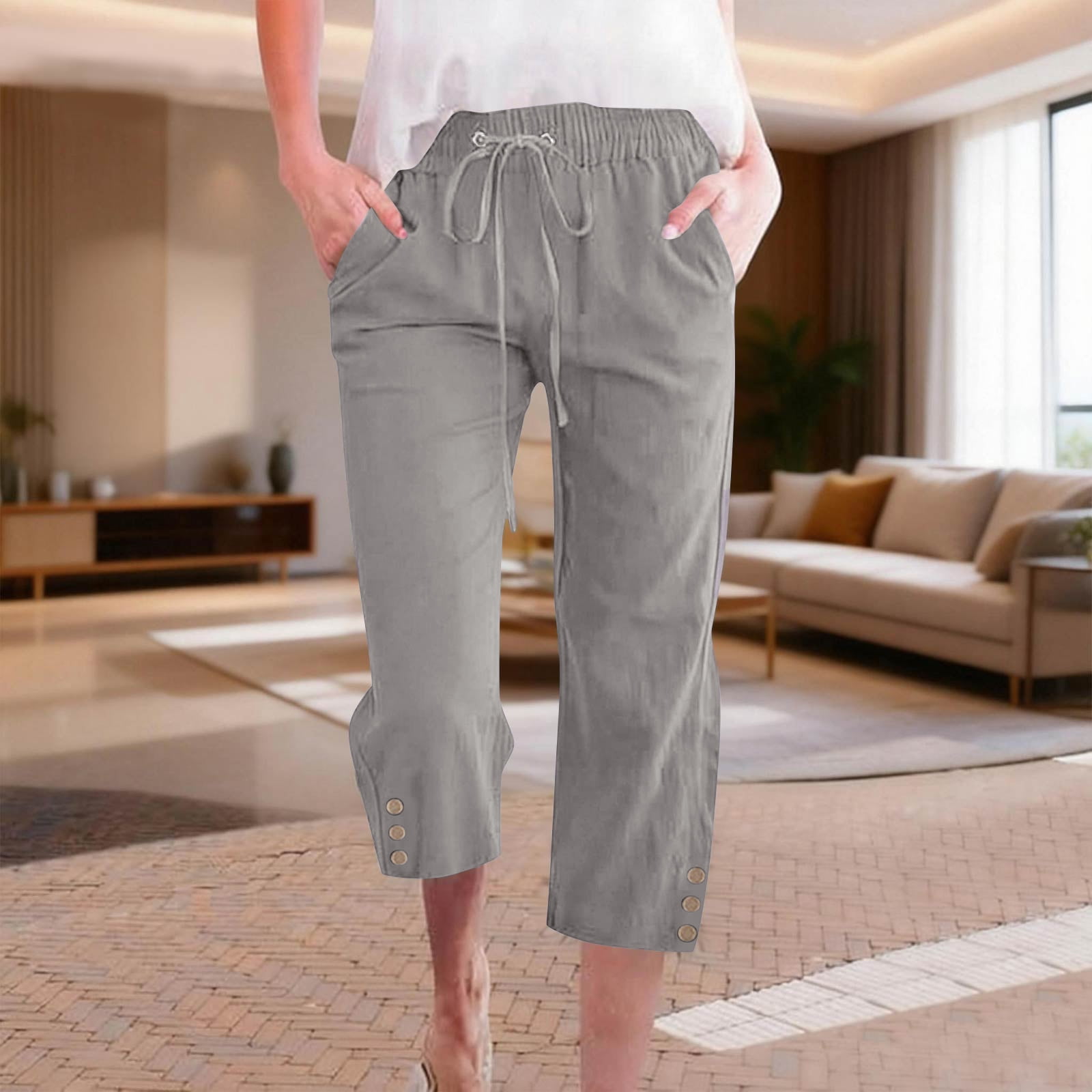 Capris Pants for Women 2026 Cotton Linen Casual Summer Straight Wide ...
