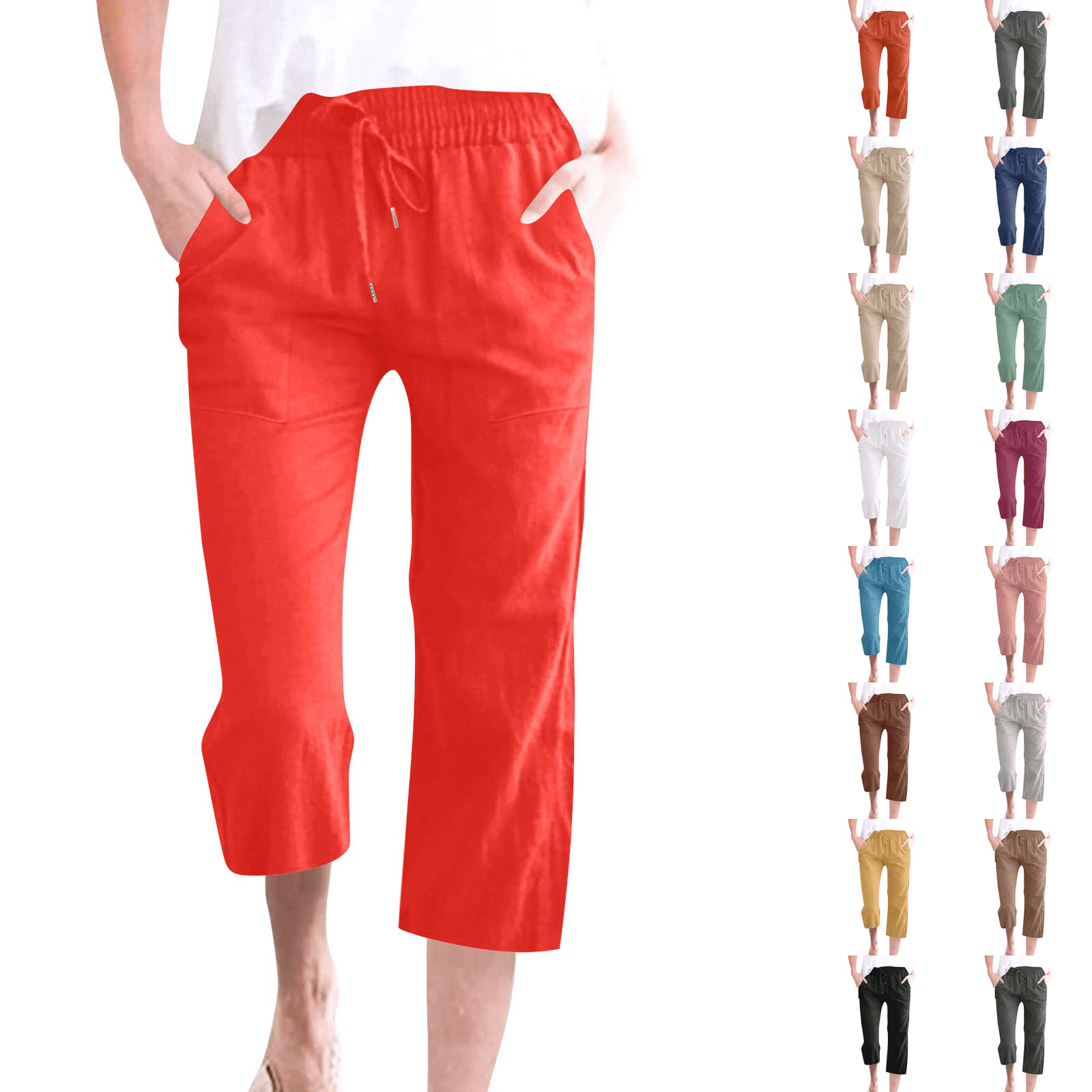 Capris Pants for Women Cotton Linen Casual Straight Wide Leg Pull On ...
