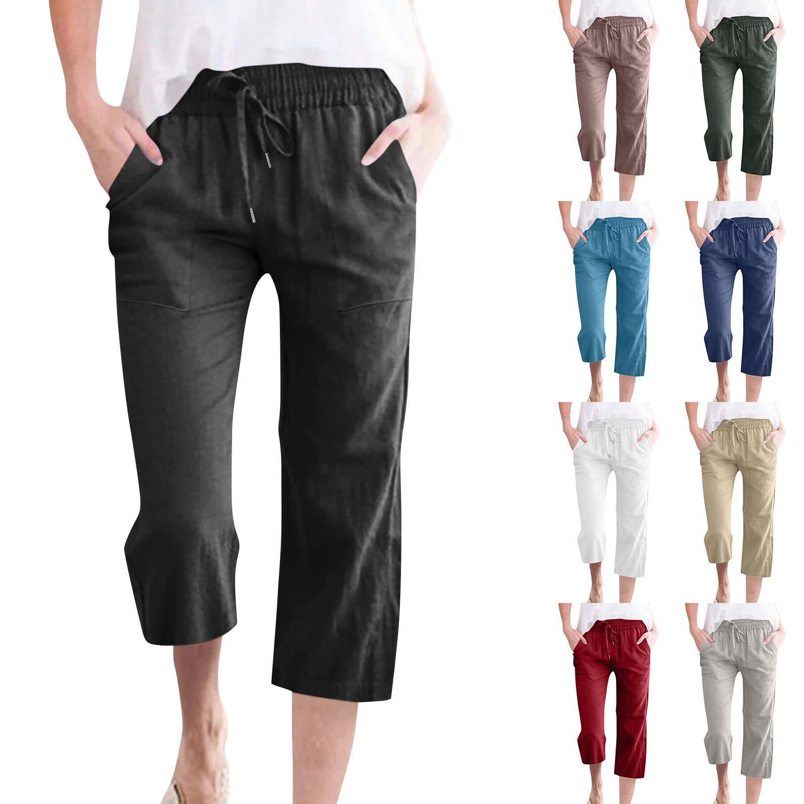 Capris Pants for Women Cotton Linen Casual Summer 2025 Straight Wide Leg Loose Drawstring ...