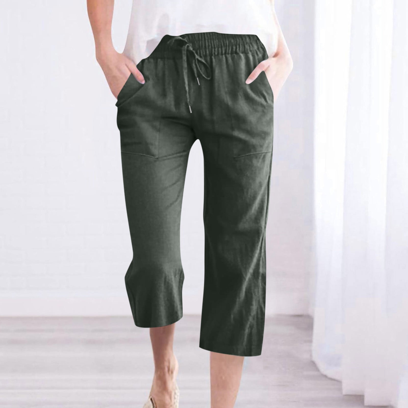 Capris Pants for Women Cotton Linen Casual Summer 2025 Straight Wide ...