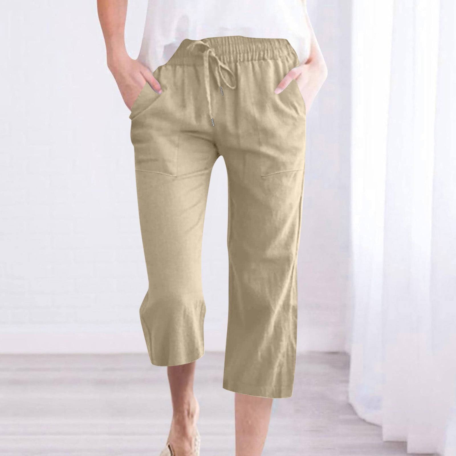 Capris Pants for Women Cotton Linen Casual Summer 2025 Straight Wide ...